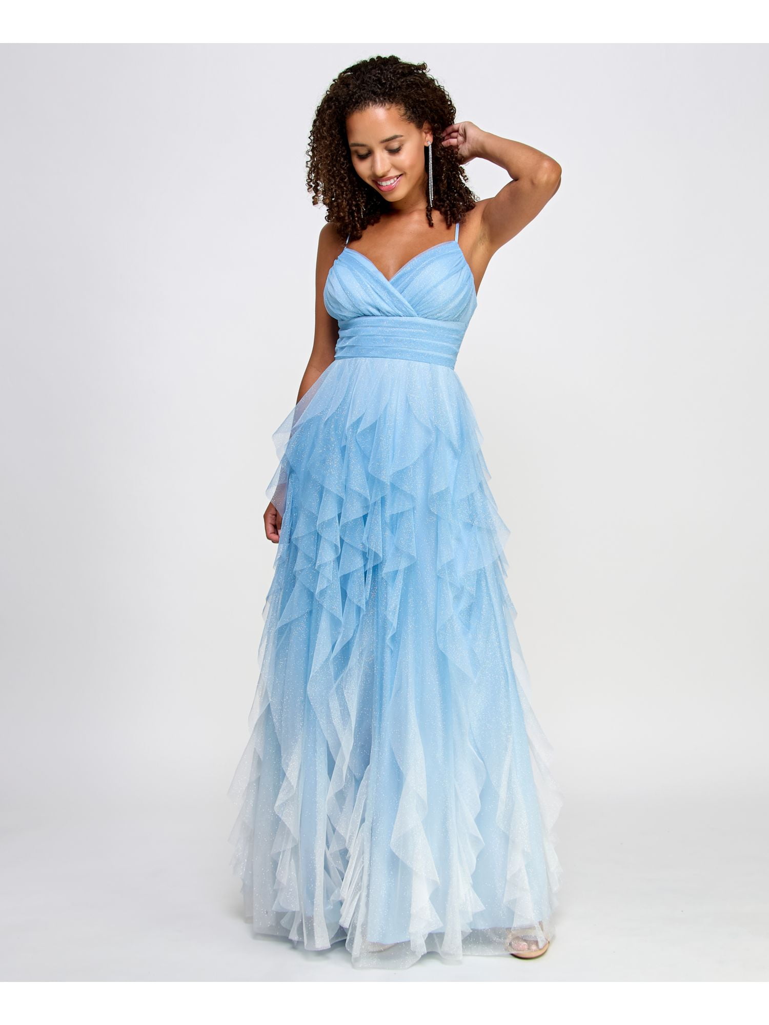 PEAR CULTURE Womens Light Blue Pleated Zippered Tie-back Cascading ...