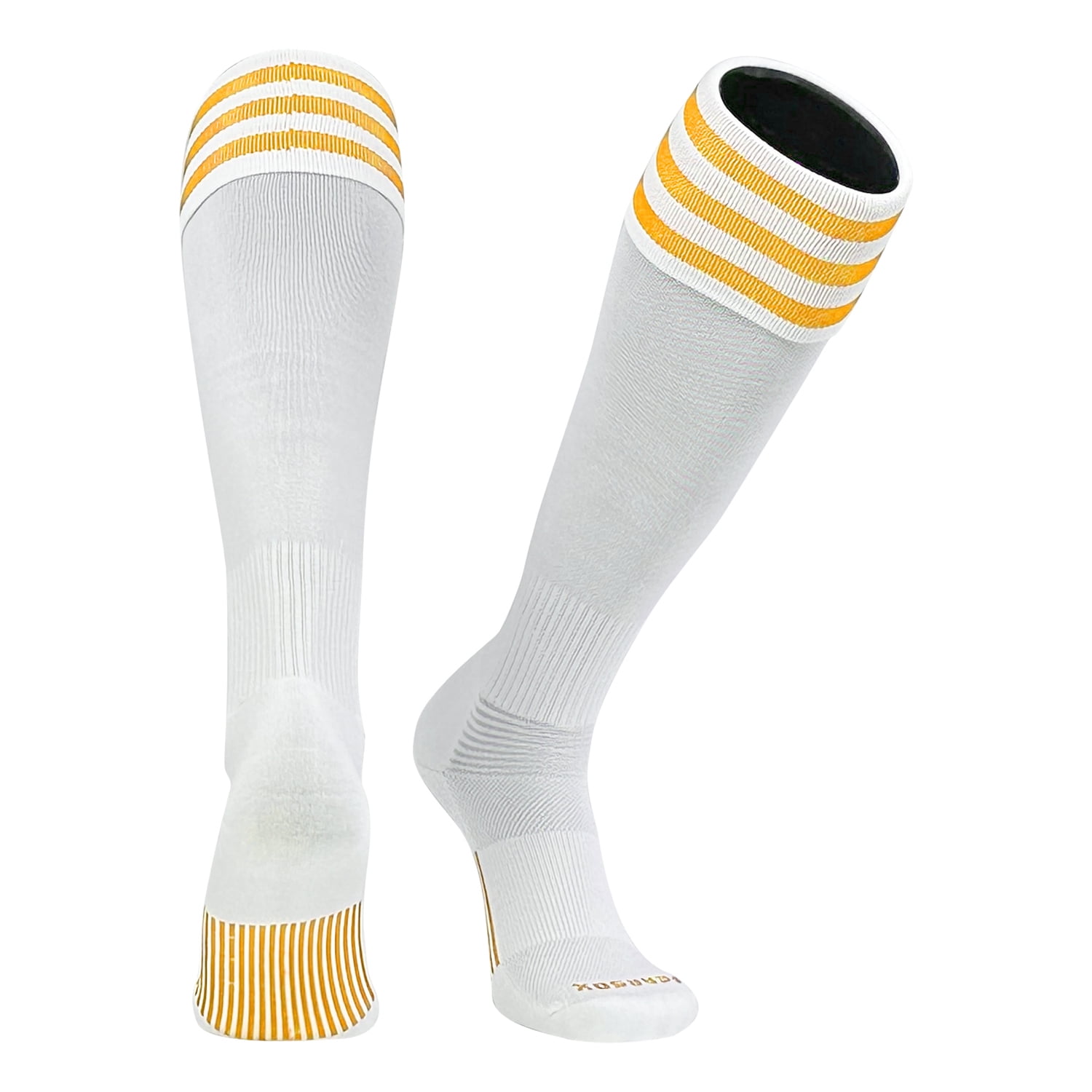 PEAR SOX Euro 3 Stripe Soccer Socks with Fold-Over Cuff - White, Gold ...