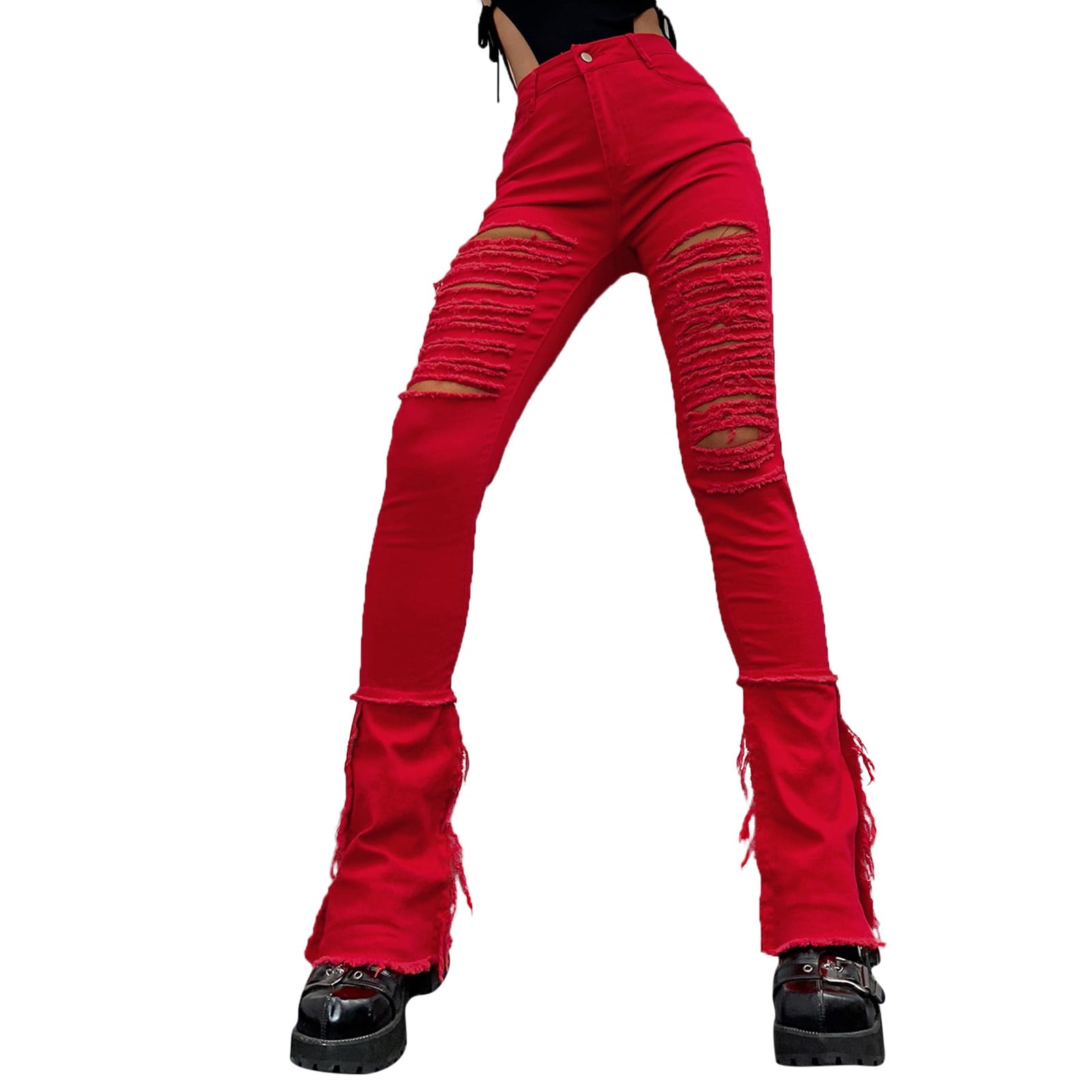 PEASKJP Boot Cut Jeans for Woman Women's High Waist Straight Leg Ripped ...