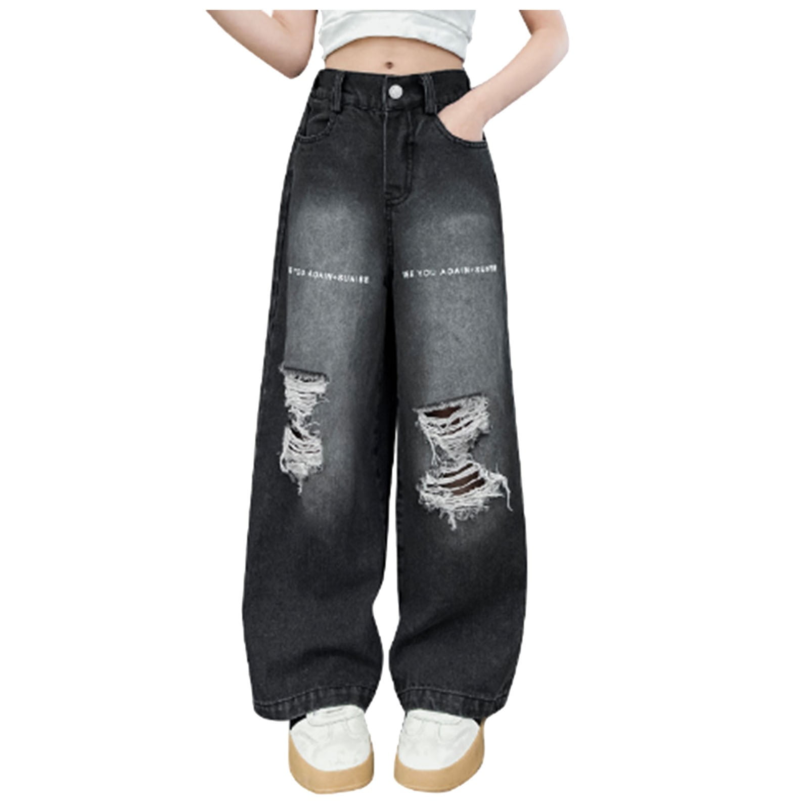 PEASKJP Girls Jeans Long Girls Clothes Kids Straight Ripped Hole Loose ...