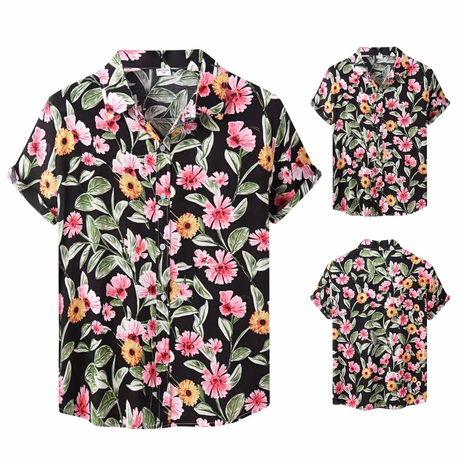PEASKJP Men's Casual Button Up Shirt Short Sleeve Striped Shirt Floral ...
