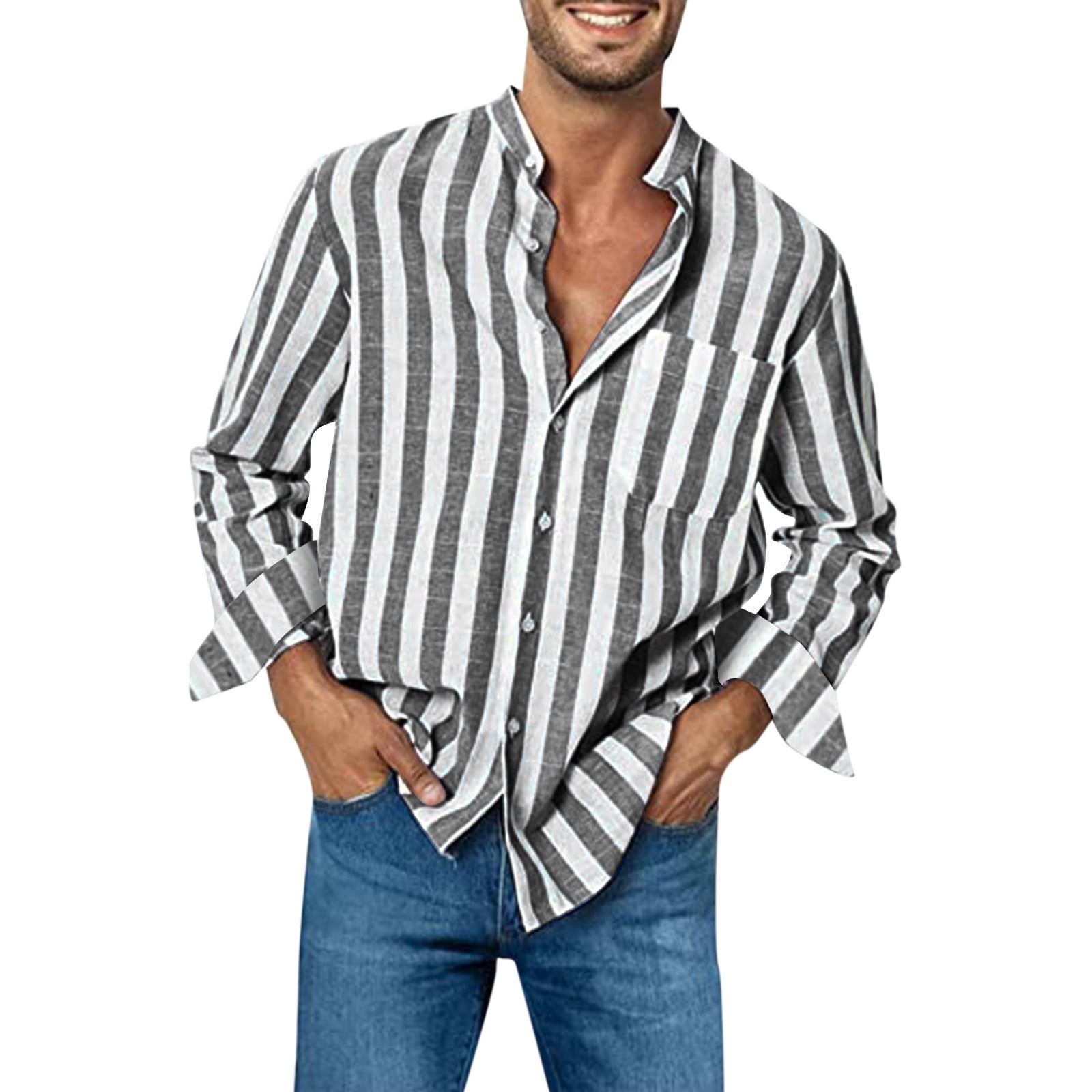 PEASKJP Mens Casual Long Sleeve Cotton Linen Shirts Buttons Down Solid ...