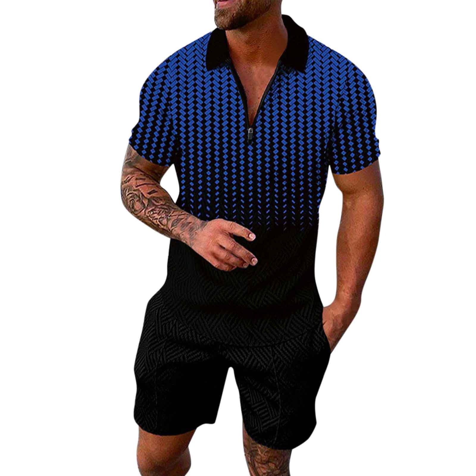 PEASKJP Mens Summer 2 Piece Outfits Short Sets Zipper Shirt and Shorts ...