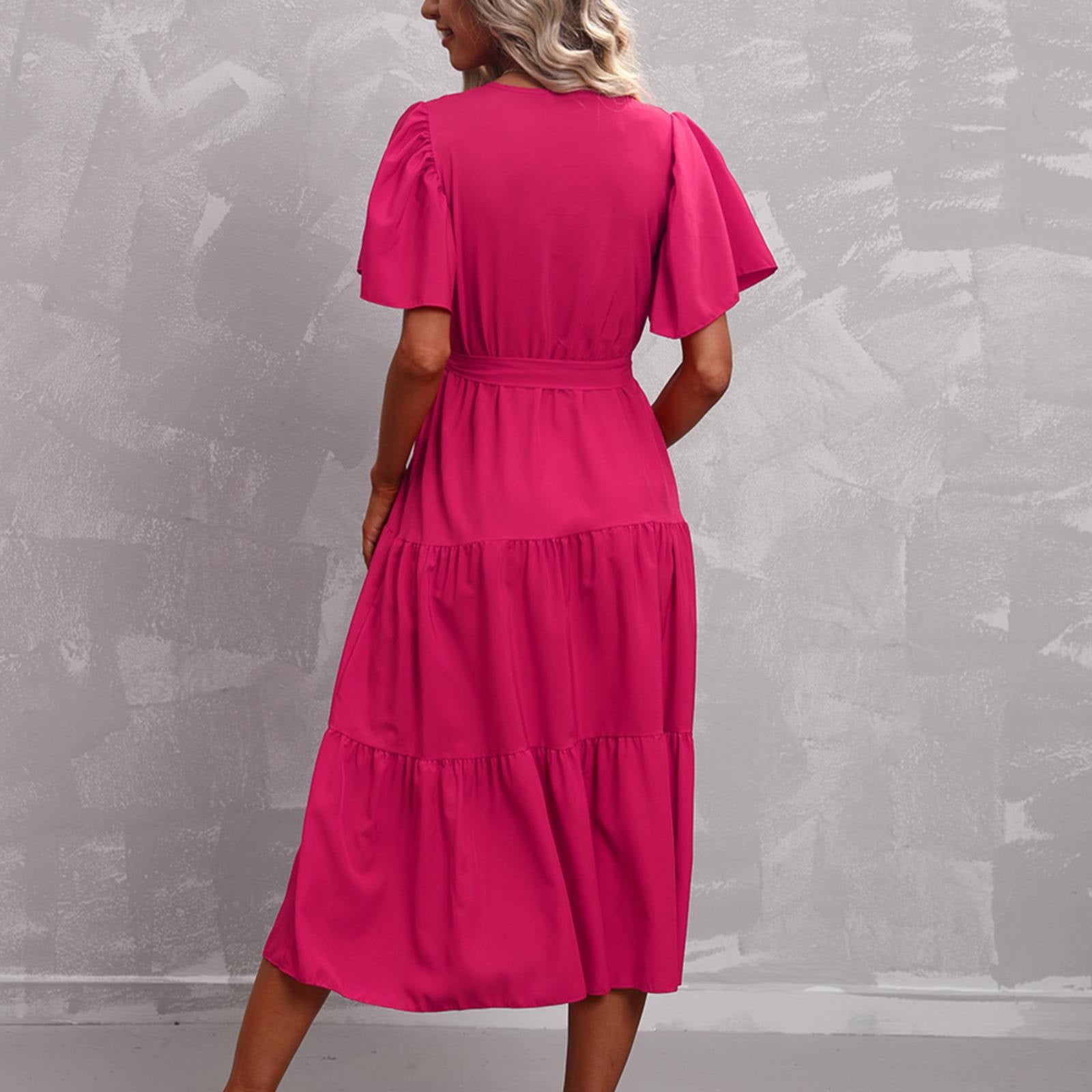 PEASKJP Womens Dresses Spring Women's V Back Inslace Layered Ruffle Hem ...