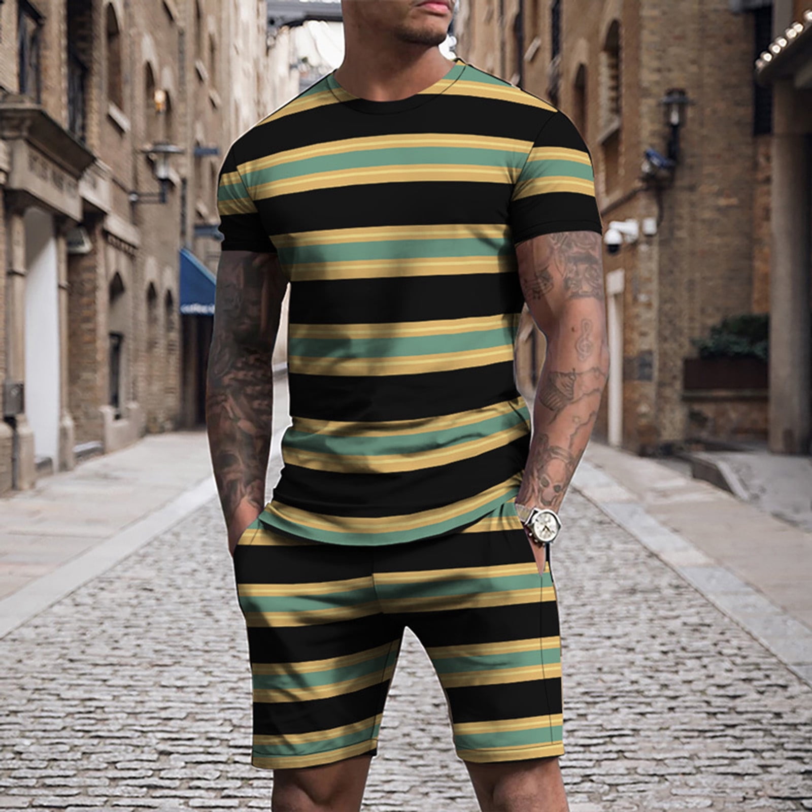 Peaskjp Workout Short Set Mens 2 Piece Outfits Tracksuits Short Sleeve