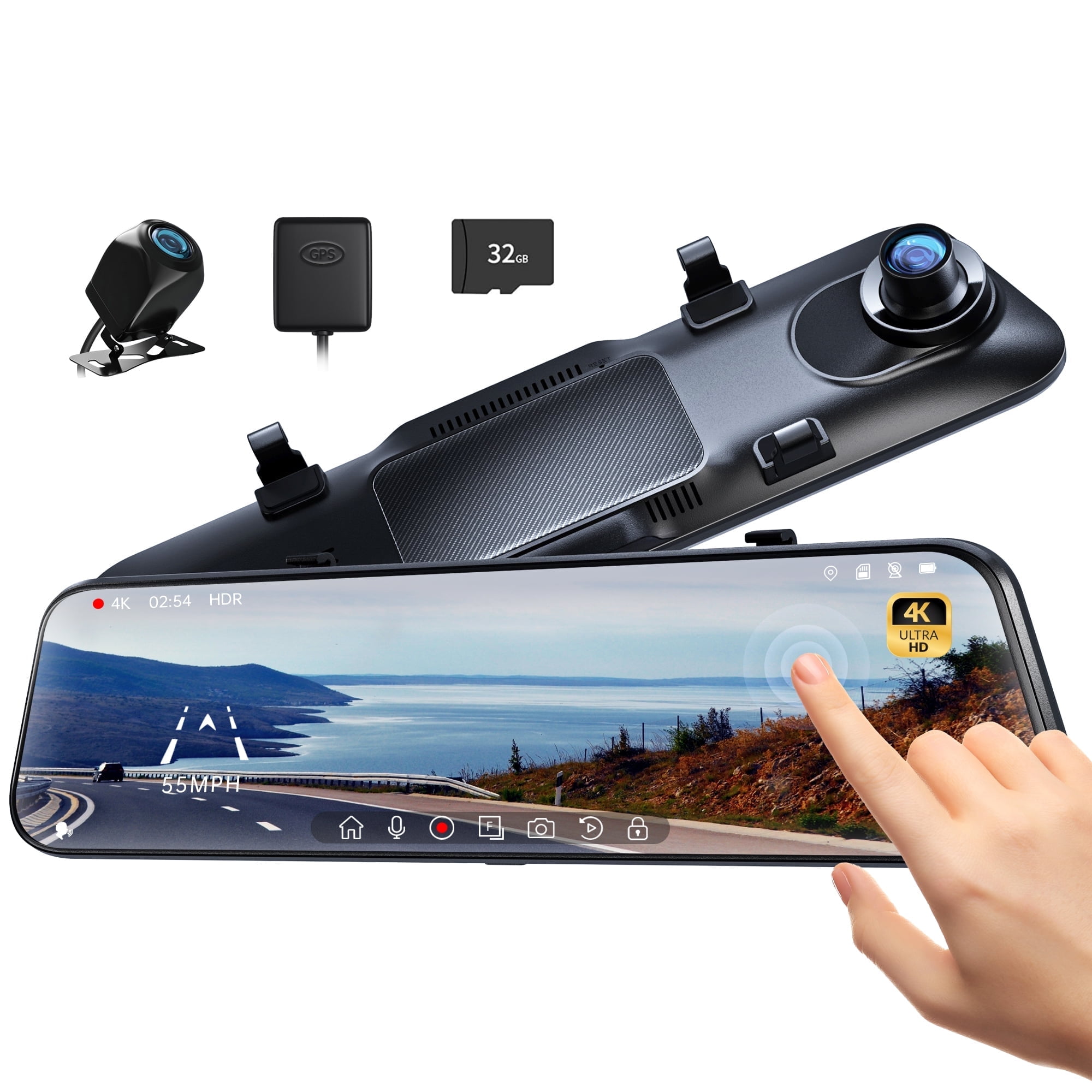 "PELSEE 12"" 4K Mirror Dash Cam, Dual Front/Rear, Voice Control ...