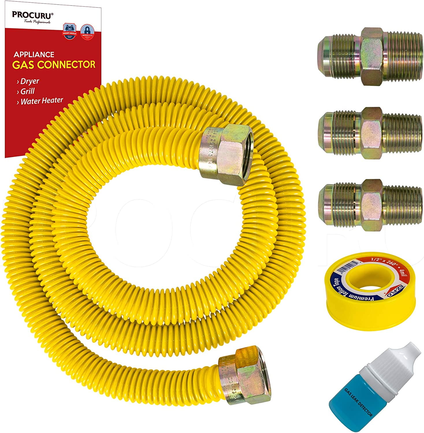 PENGFEI 1/2" OD x 48" (4Ft) PENGFEI Gas Flex Connector Kit, SafeGuard Yellow Coated Stainless ...