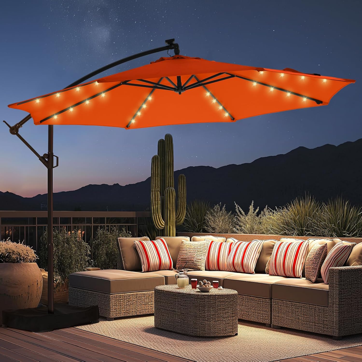 PENGFEI 10ft Solar Lights Offset Cantilever Patio Umbrella - with Light ...