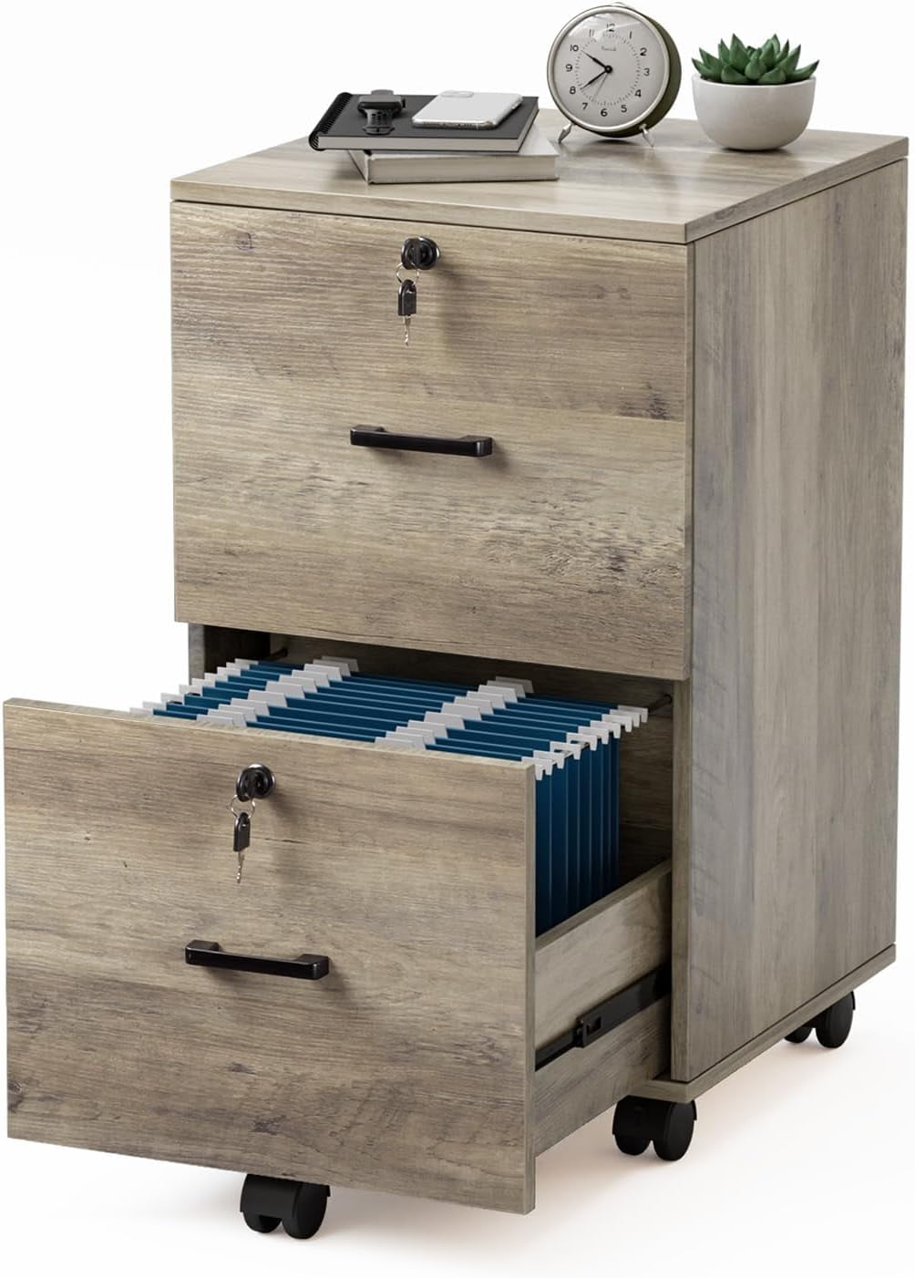 PENGFEI 2 Drawer File Cabinet with Lock, Wood Rustic Gray Filing ...
