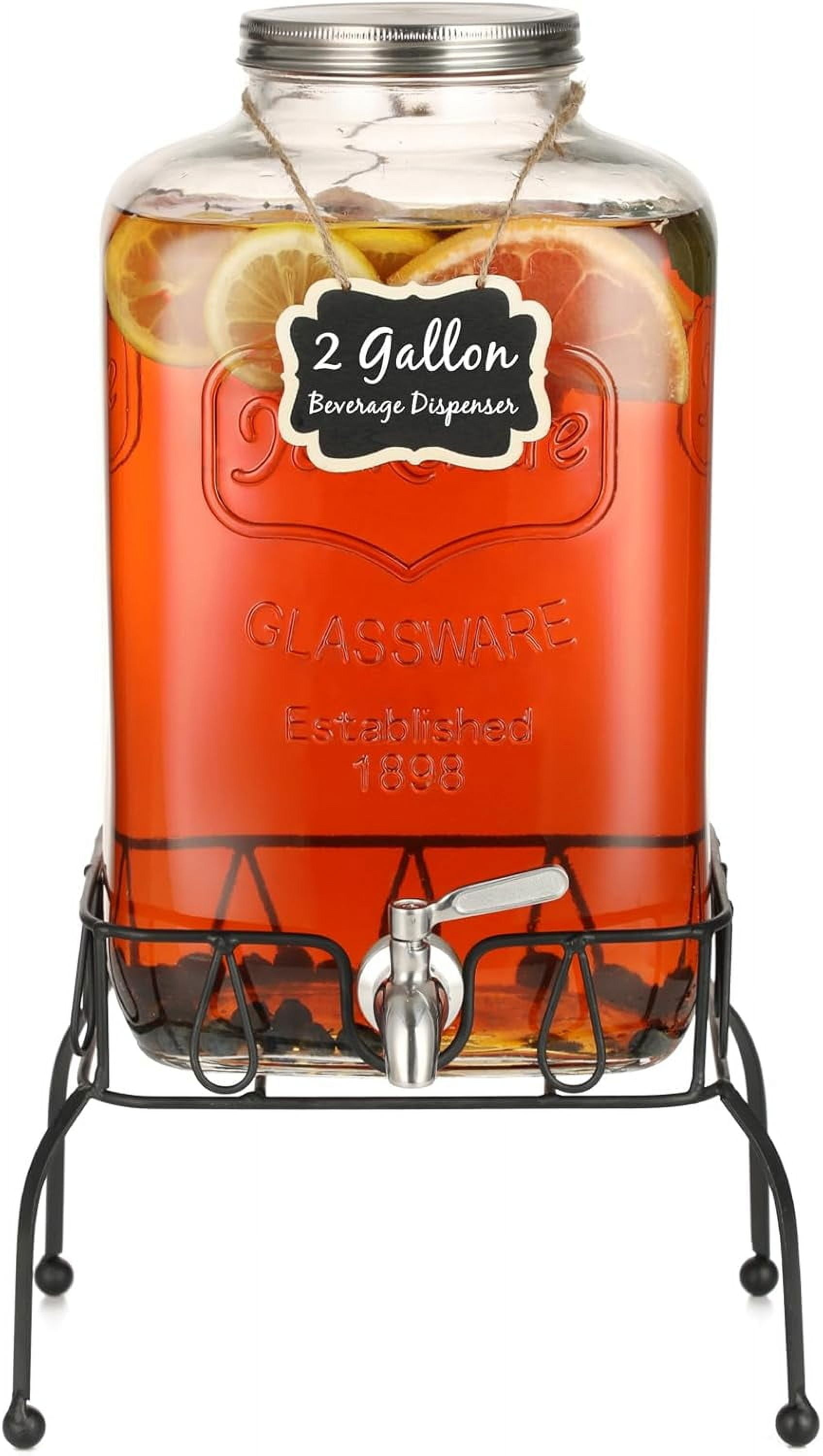 PENGFEI 2 Gallon Glass Beverage Dispenser with Stand, Stainless Steel ...