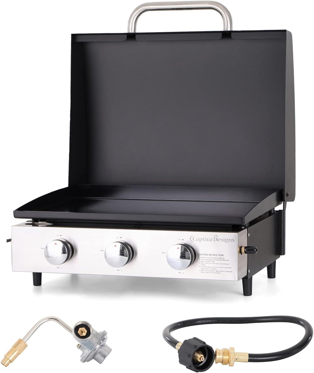 PENGFEI 22" Flat Top Grill with Lid & Ceramic Coated Cast Iron Pan, 3 ...