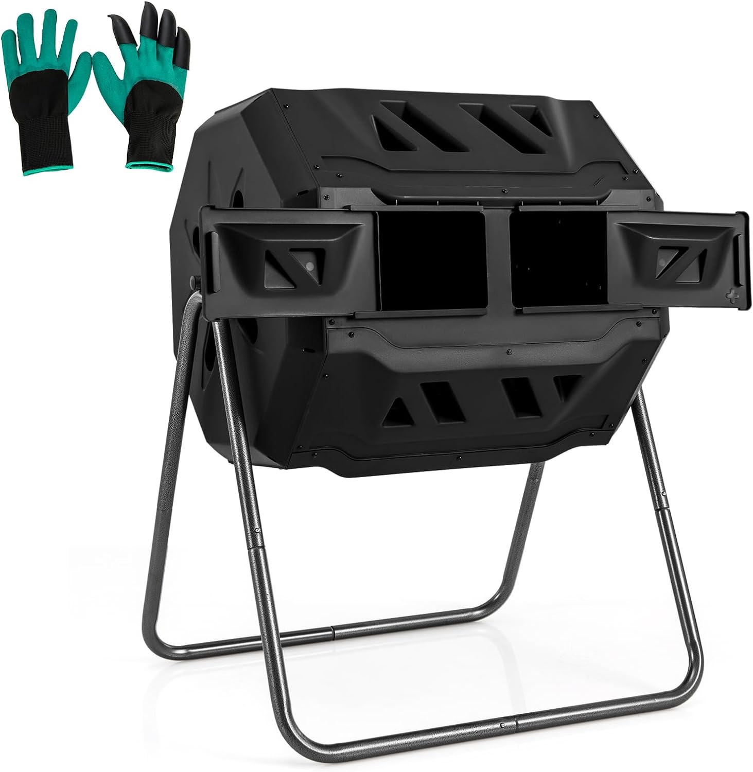 PENGFEI Compost Bin, Outdoor 42-Gal Dual Chamber Composting Tumbler w/2 ...