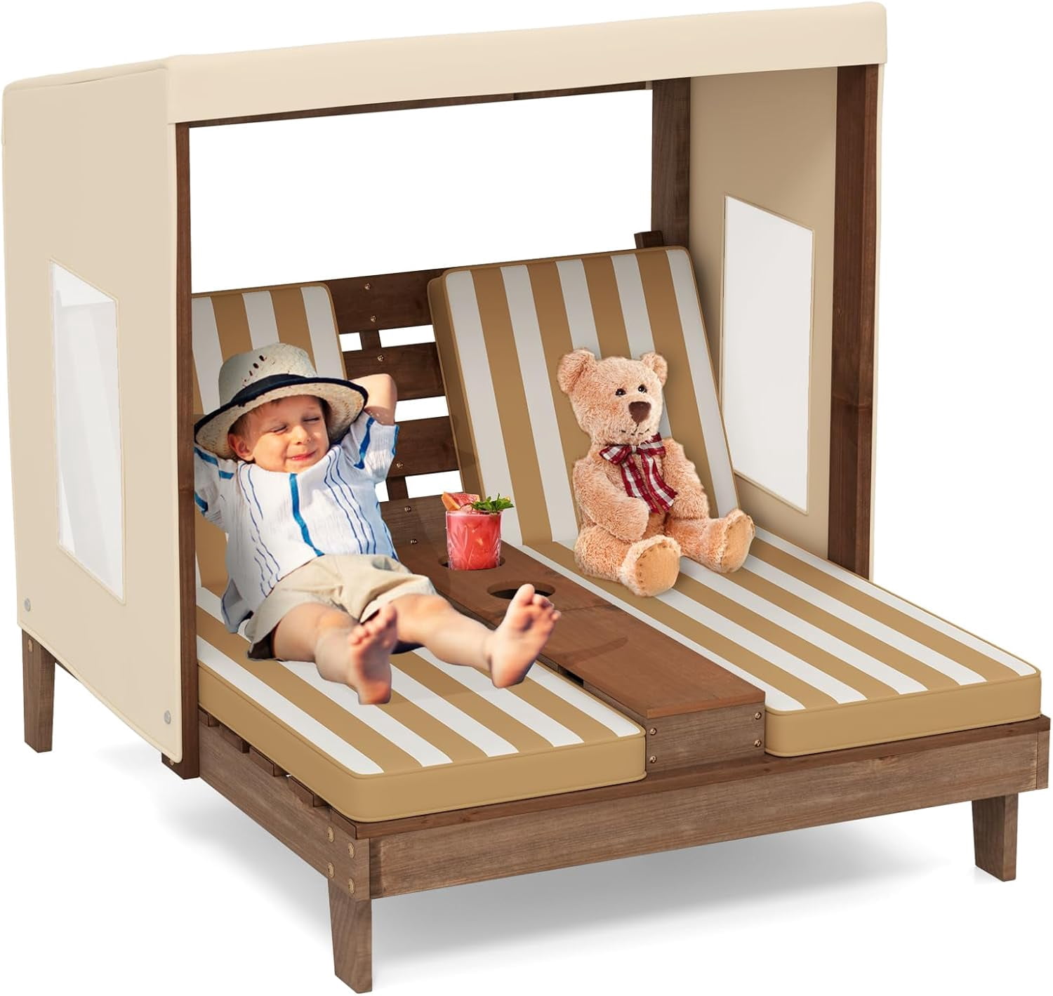 PENGFEI Kids Lounge Chair Outdoor, Wood Double Seat Chaise Lounge with ...