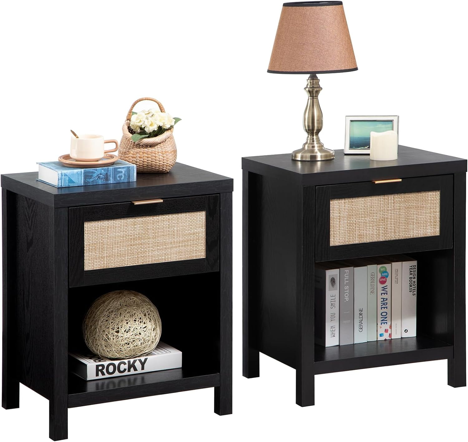 PENGFEI Rattan Night Stands Set of 2, Farmhouse Nightstand Bedside ...