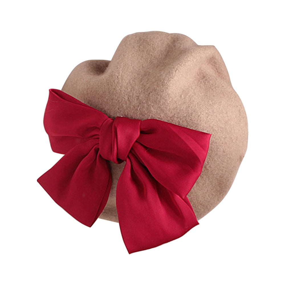 PENGXIANG 2-6 Years Girls Beret Hat Solid Color Keep Warm Cute Red Bow ...