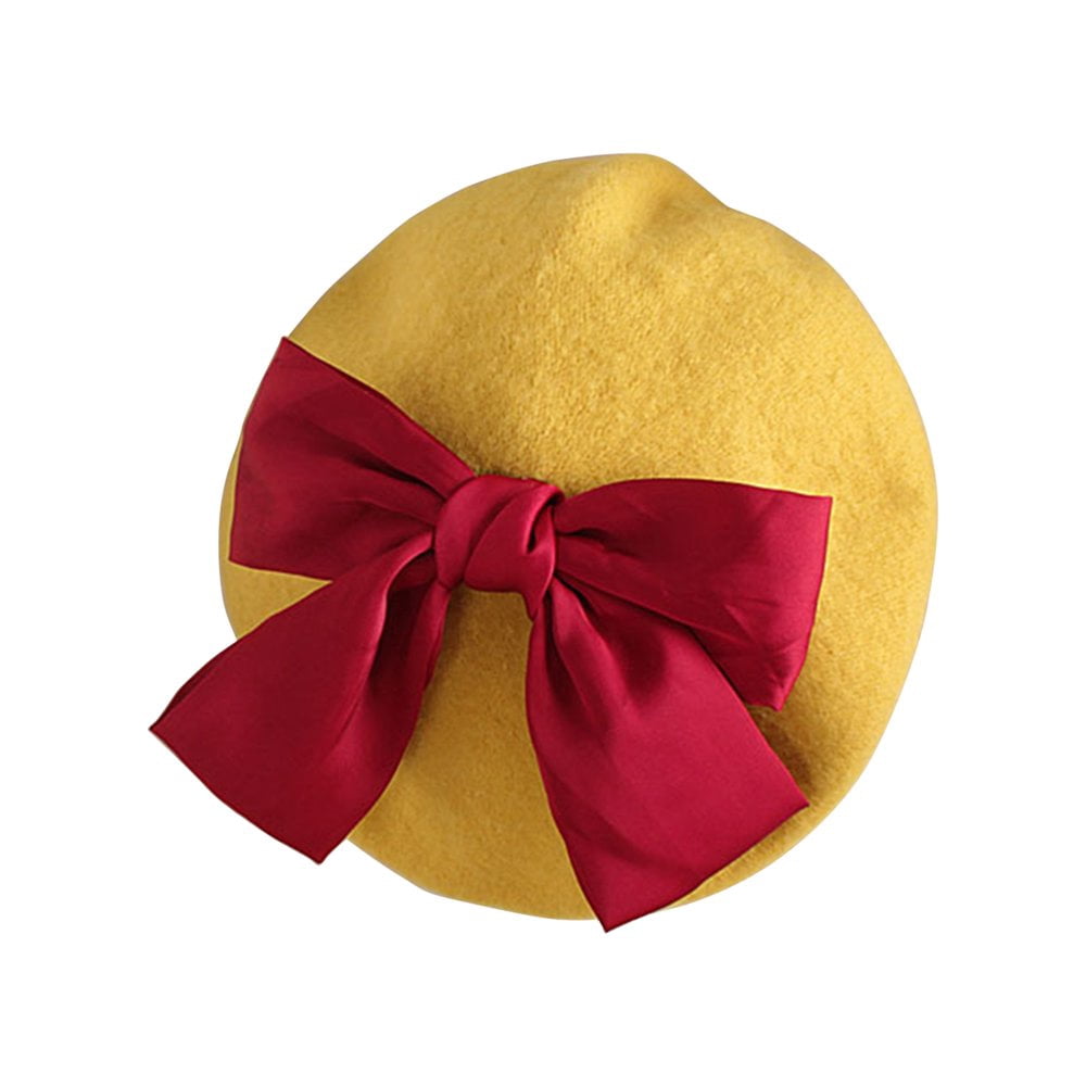 PENGXIANG 2-6 Years Girls Beret Hat Solid Color Keep Warm Cute Red Bow ...