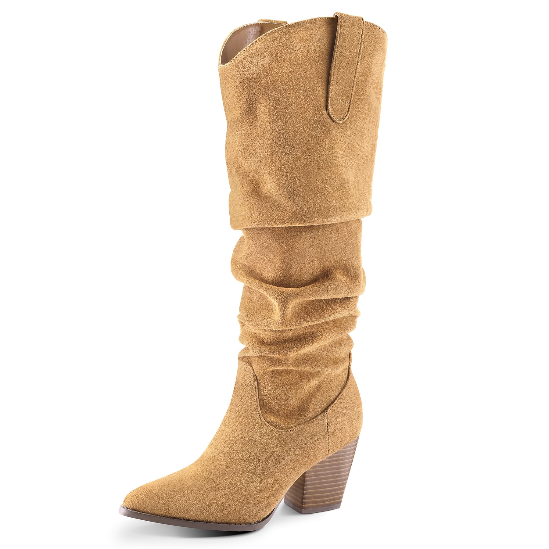 PENNYSUE Women's Knee-High Pointed Toe Tan Boots Wide Calf Mid Chunky ...