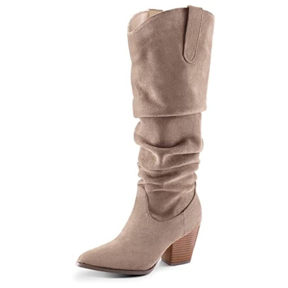 PENNYSUE Women's Knee-High Pointed Toe Taupe Boots Wide Calf Mid Chunky ...