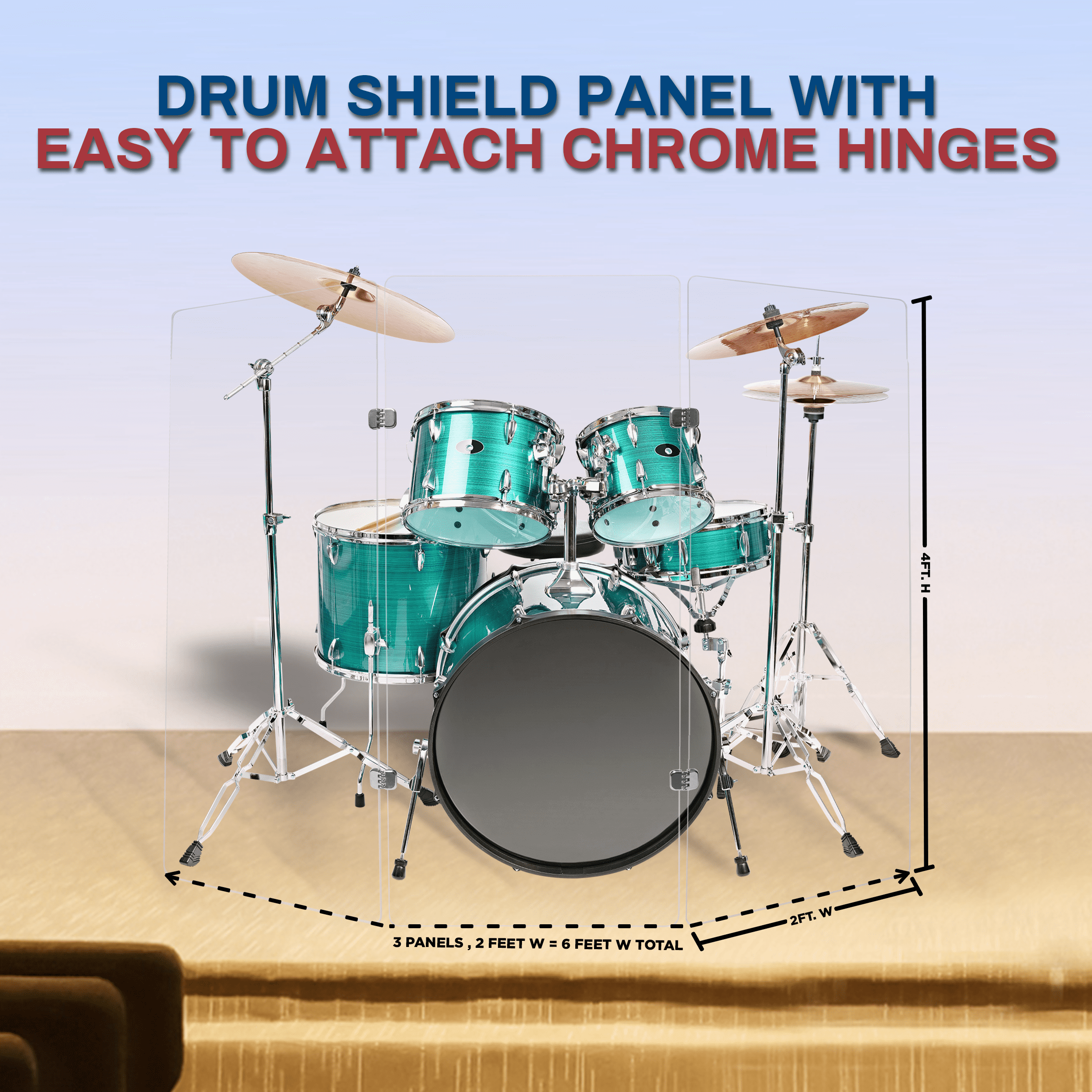 PENNZONI Drum Shield, Comes w/ 3 Panels & 4 Chrome Hinges, 4 ft Clear ...