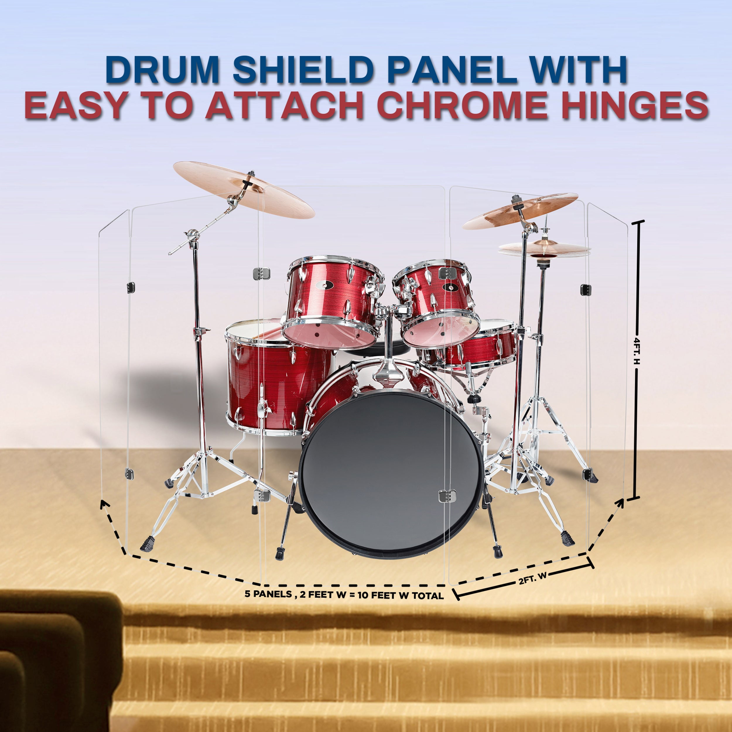PENNZONI 4ft Acrylic Drum Shield with 5 Panels, 8 Chrome Hinges, Sound ...