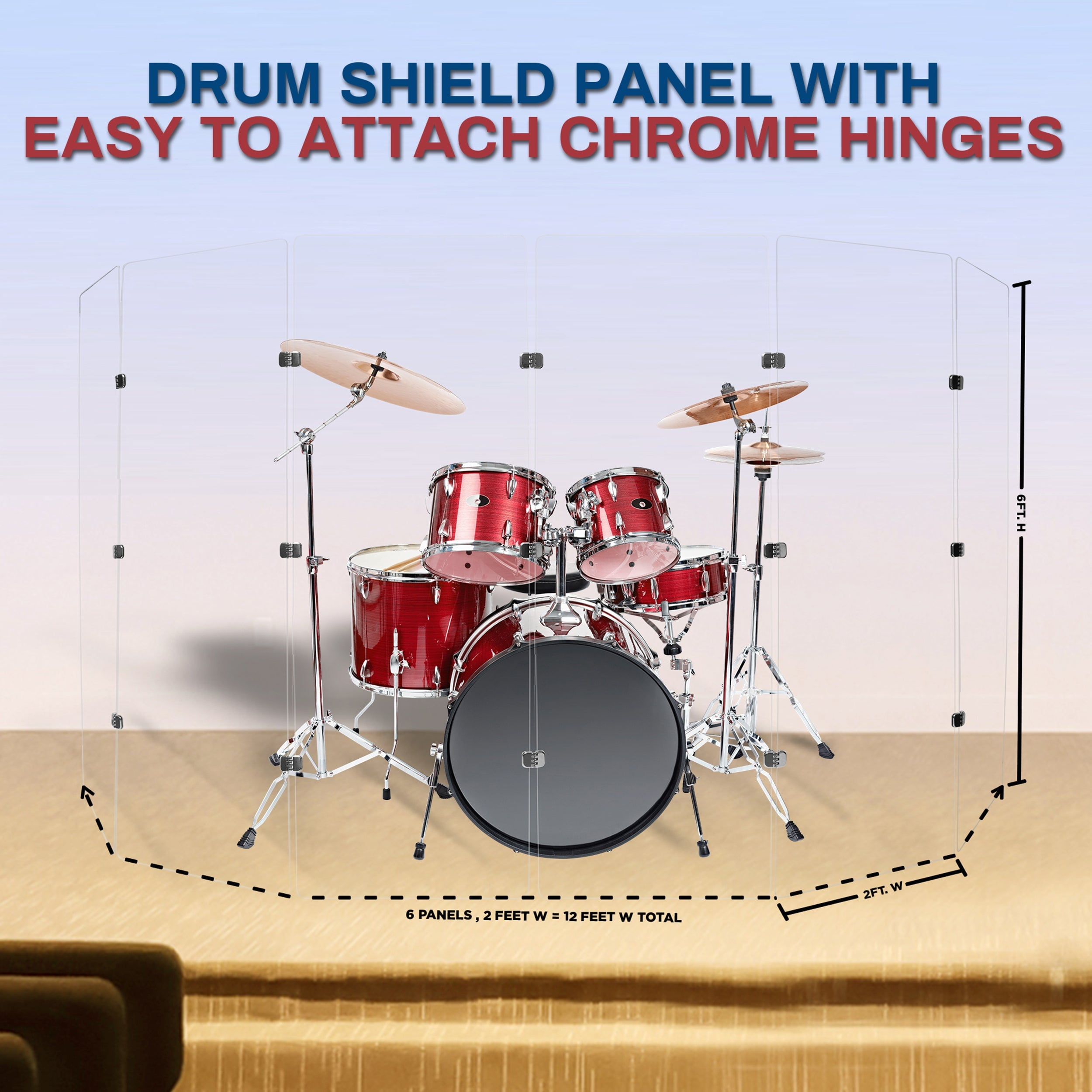 PENNZONI Drum Shield, Comes w/ 6 Panels & Chrome Hinges, 6 ft Clear ...