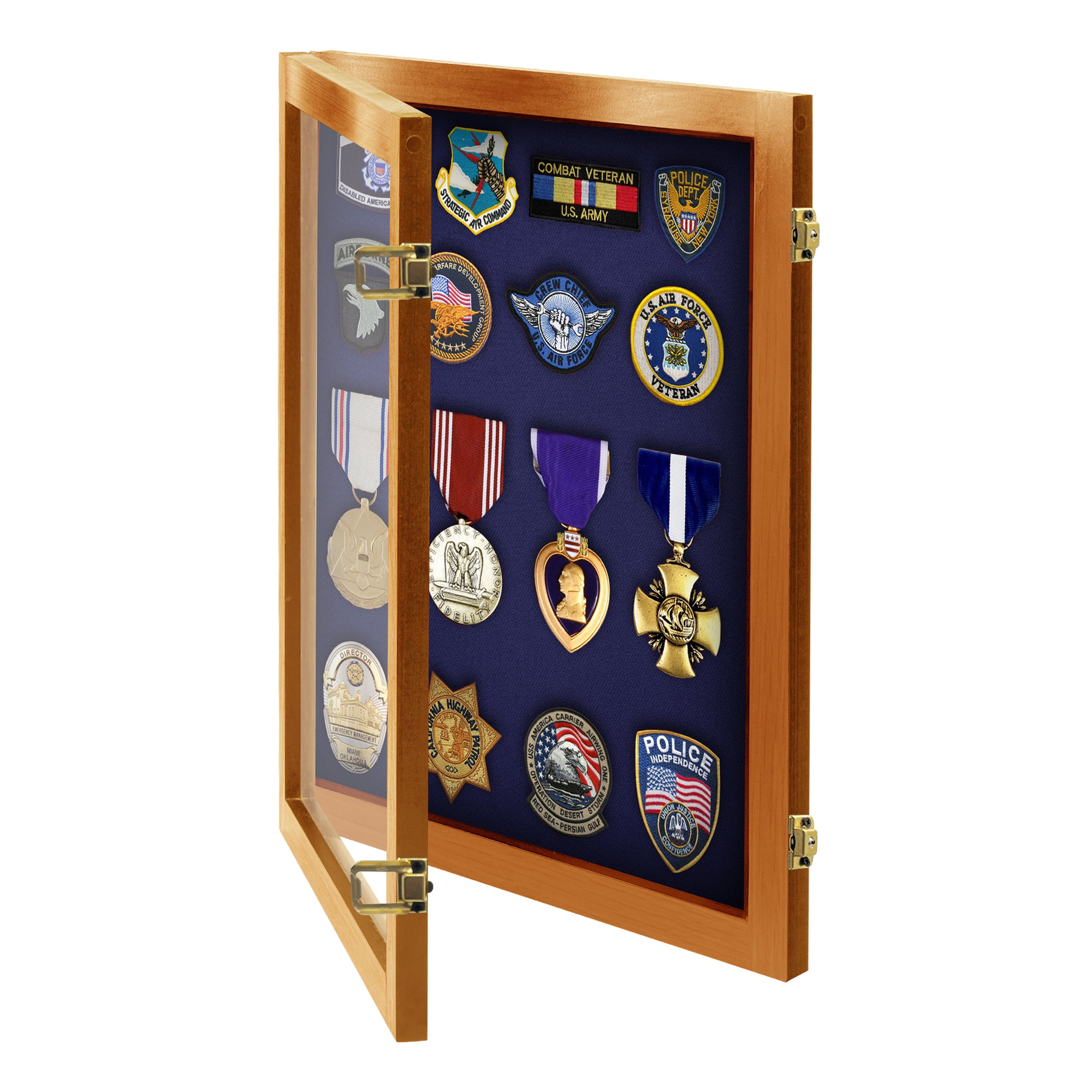 PENNZONI Medals Display Case, Military Shadow Box, Walnut w/ Blue Felt ...