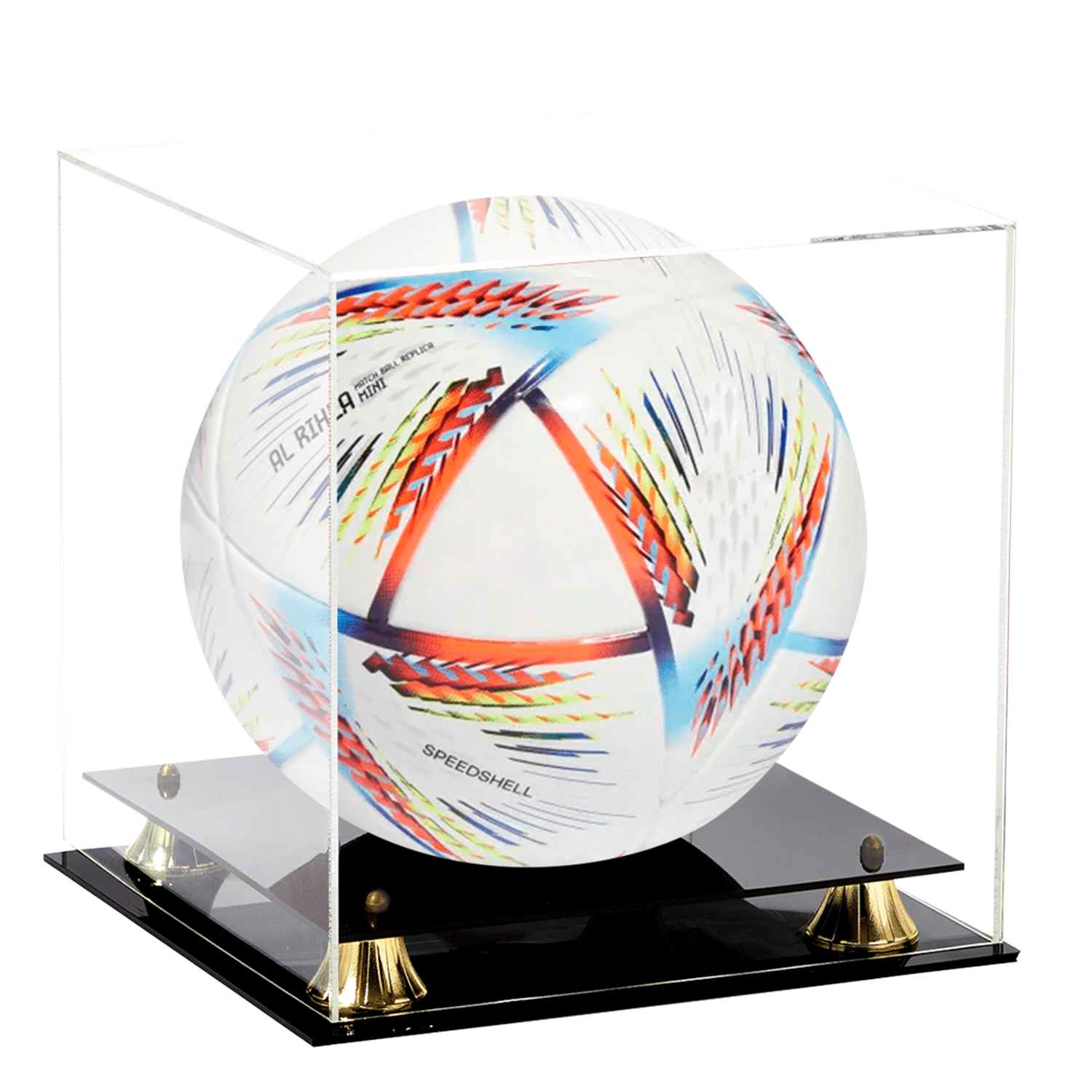 PENNZONI Soccer Ball Acrylic Display Case w/ Black Acrylic Base & Gold Risers, Clear Back ...