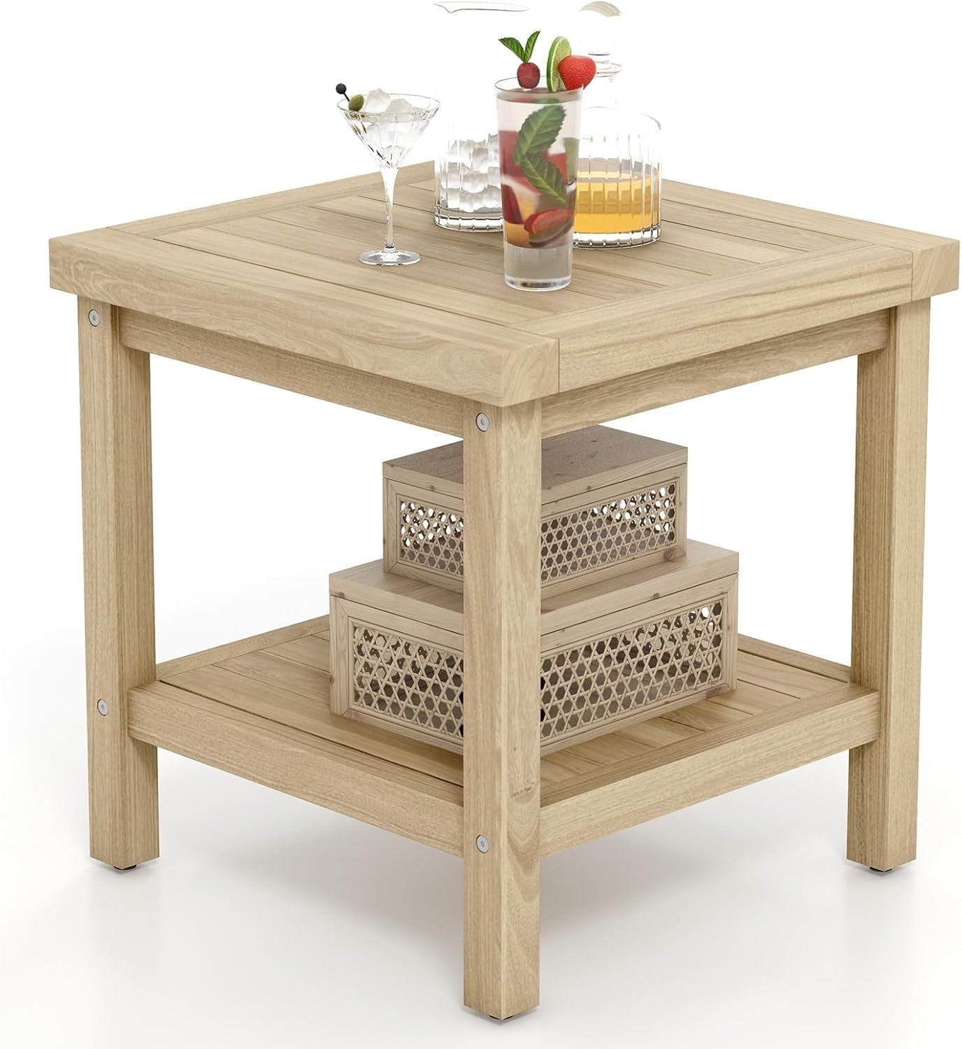 PENOVA 2-Tier Outdoor Side Table, Teak Wood End Table with Storage ...