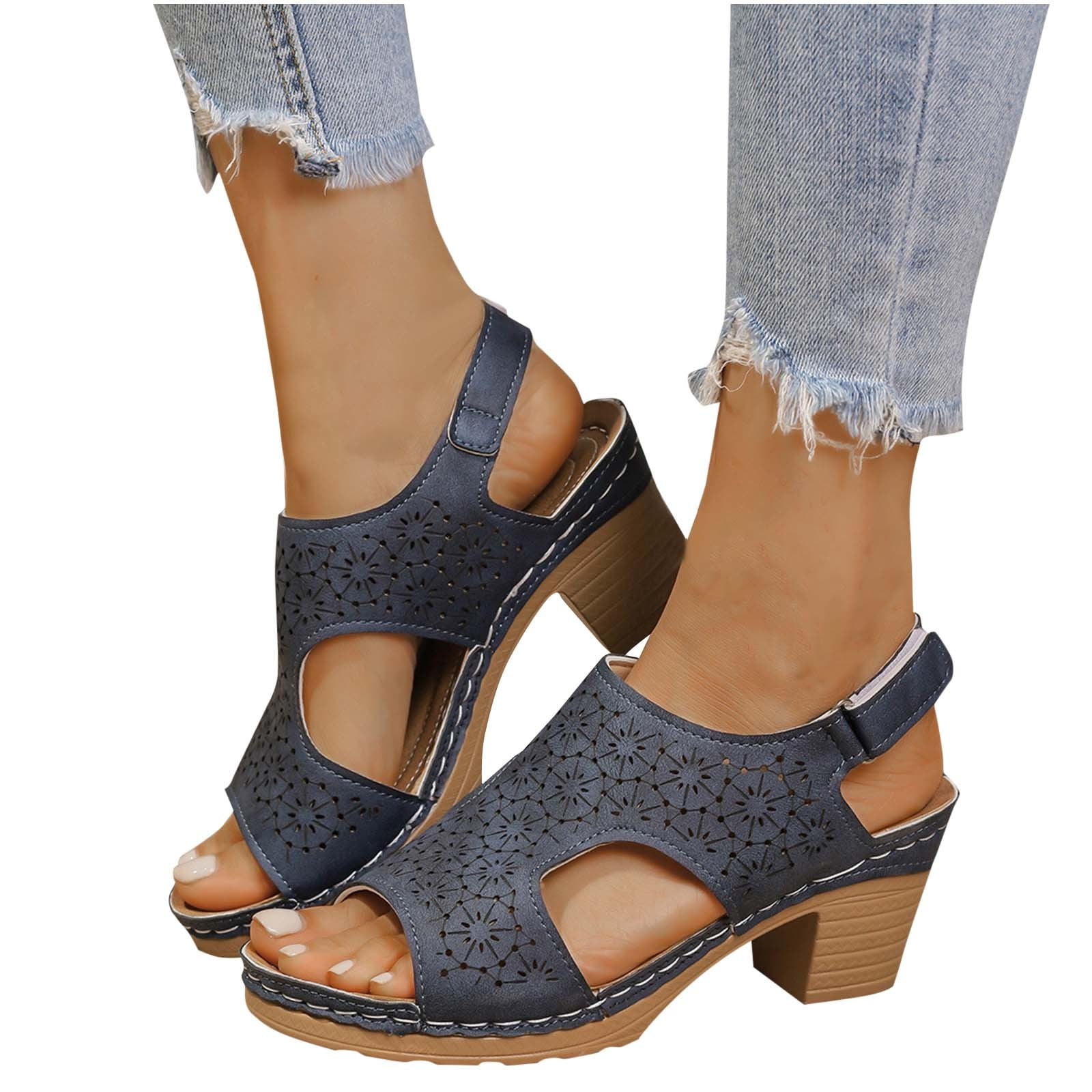PEONAVET Chunky Heeled Sandals for Womens Bohemian Cutout Open Toe ...