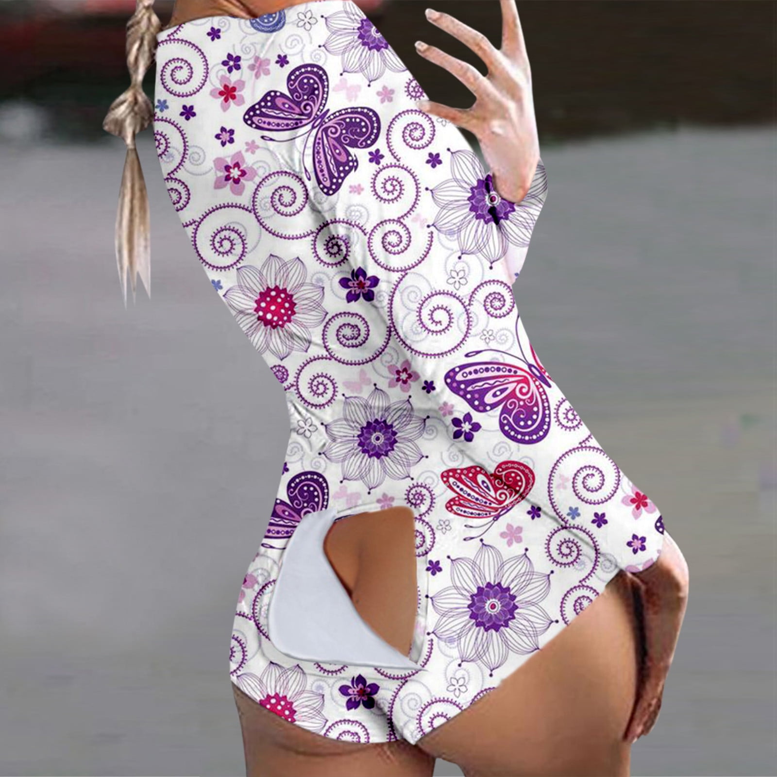 Peonavet Onesie Pajamas For Women Sexy V Neck Butt Button Flap Jumpsuit