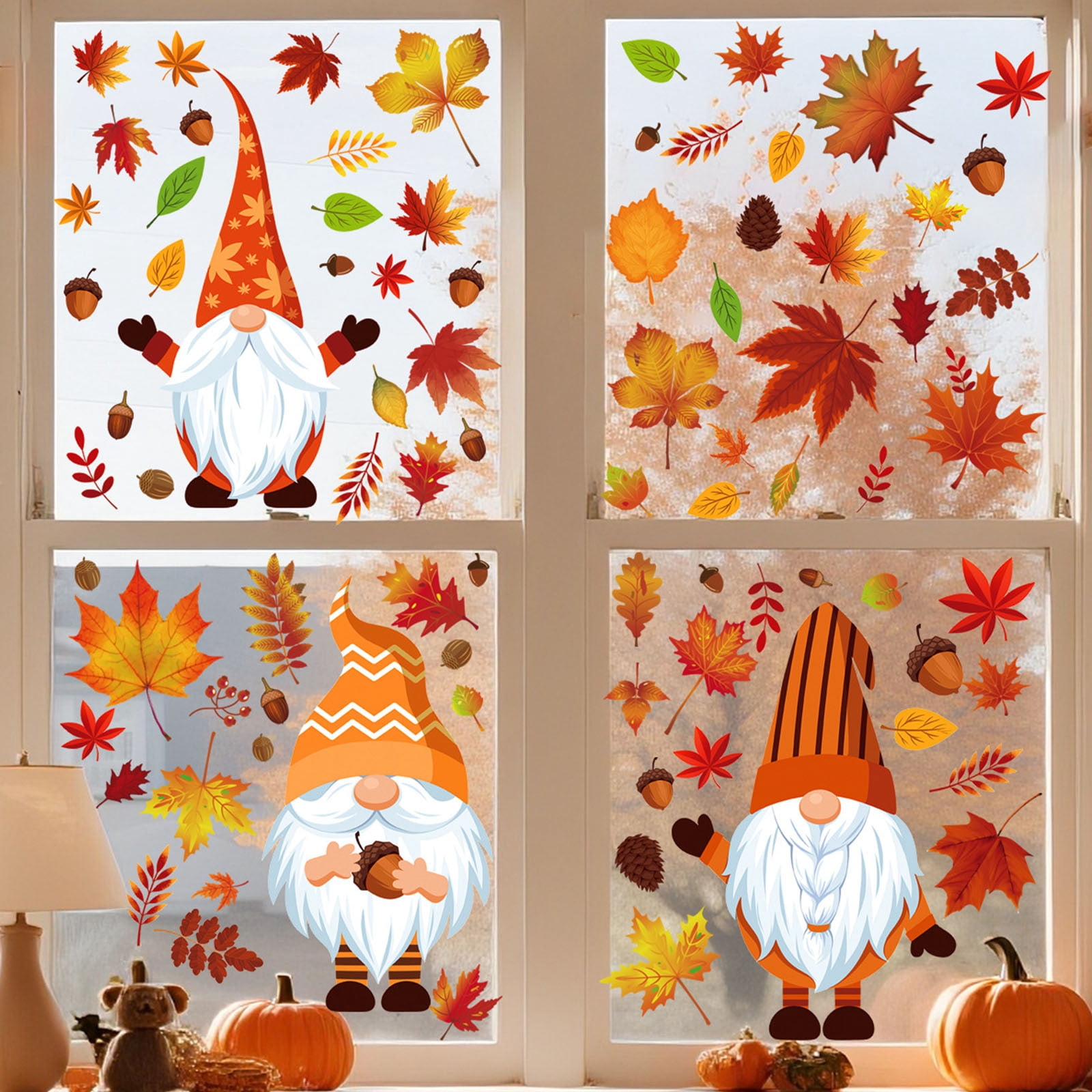 PEONAVET Thanksgiving Window Clings 6Pcs Fall Marple Leaf Gnome Window ...