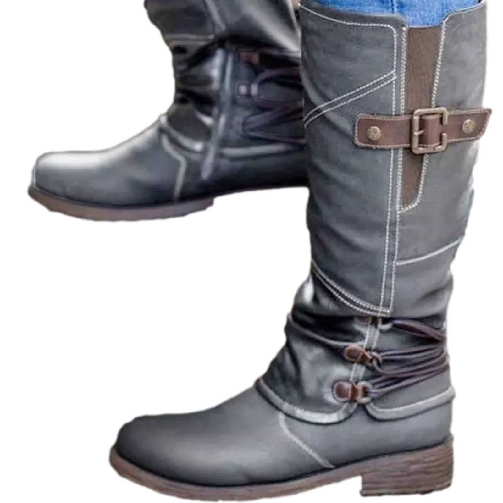 PEONAVET Women's Riding Combat Motorcycle Mid Calf Winter Boots Fashion ...