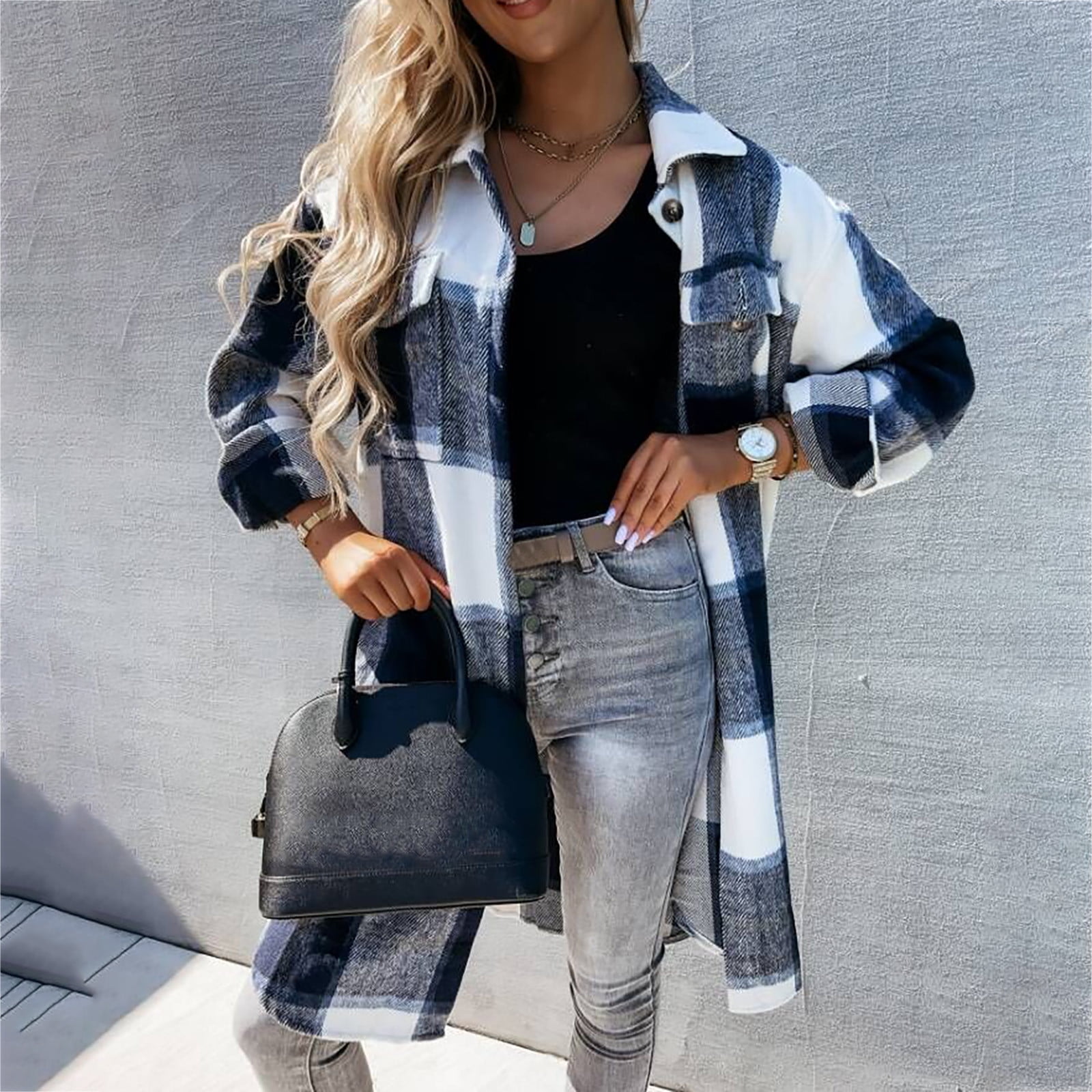 PEONAVET Women's Casual Lapel Button Down Plaid Shacket Jacket, Fall ...