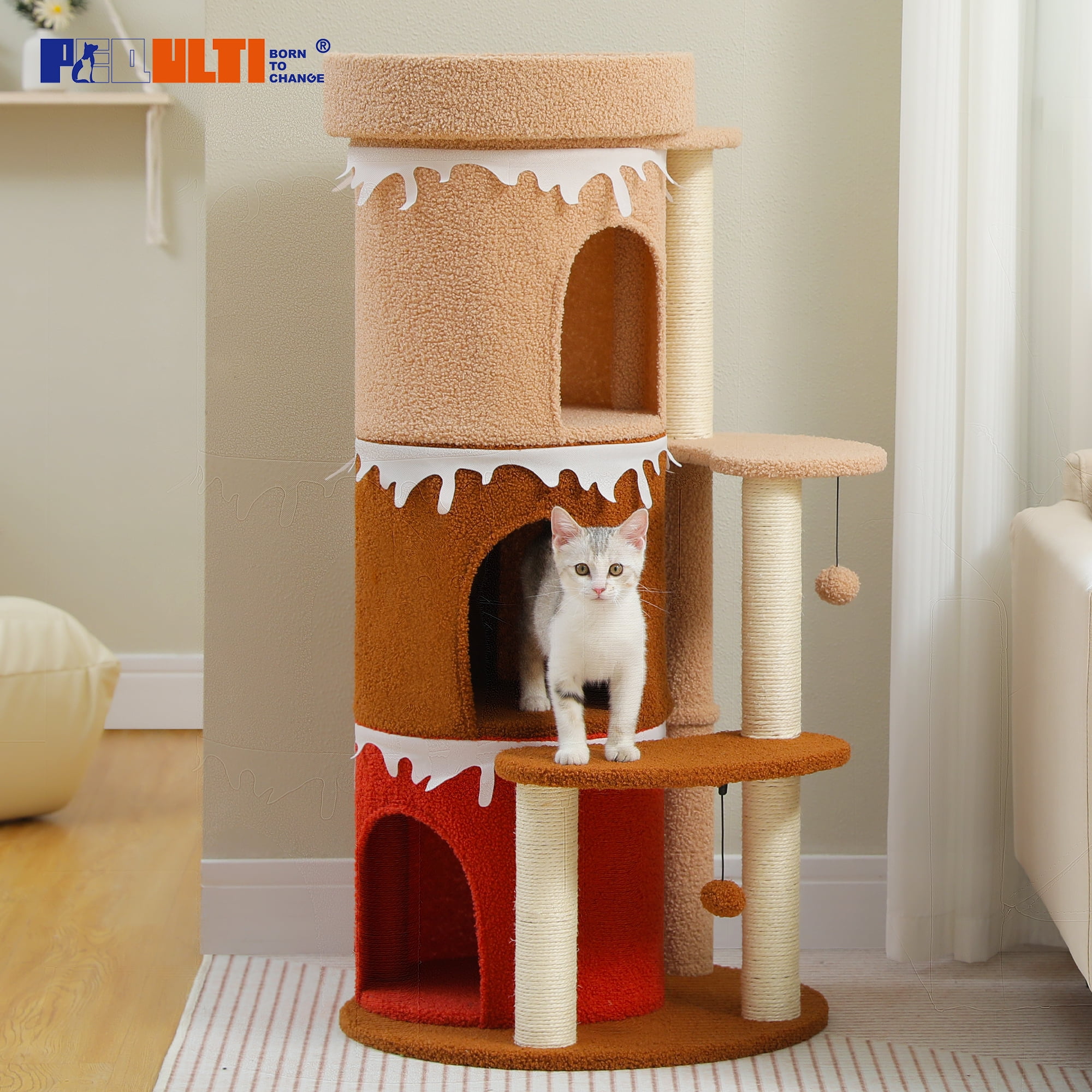 PEQULTI 43" Cat Tree Perch with Fence, Large Cat Condo with Scratching ...