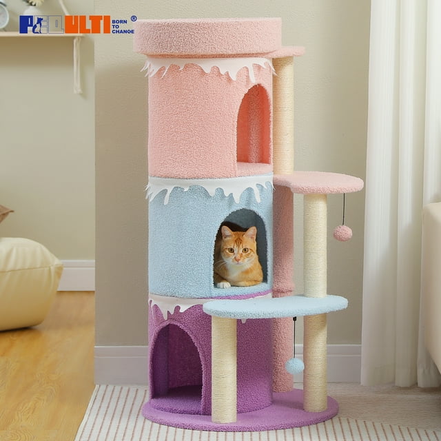 PEQULTI 43" Cat Tree Perch with Fence, Large Cat Condo with Scratching ...