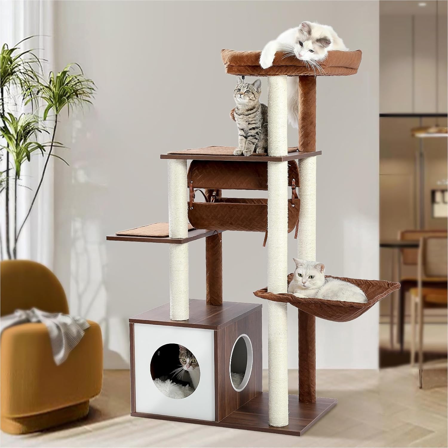 PEQULTI 51.4 Inches Modern Cat Tree Premium 6 Levels Wooden Cat Tower ...