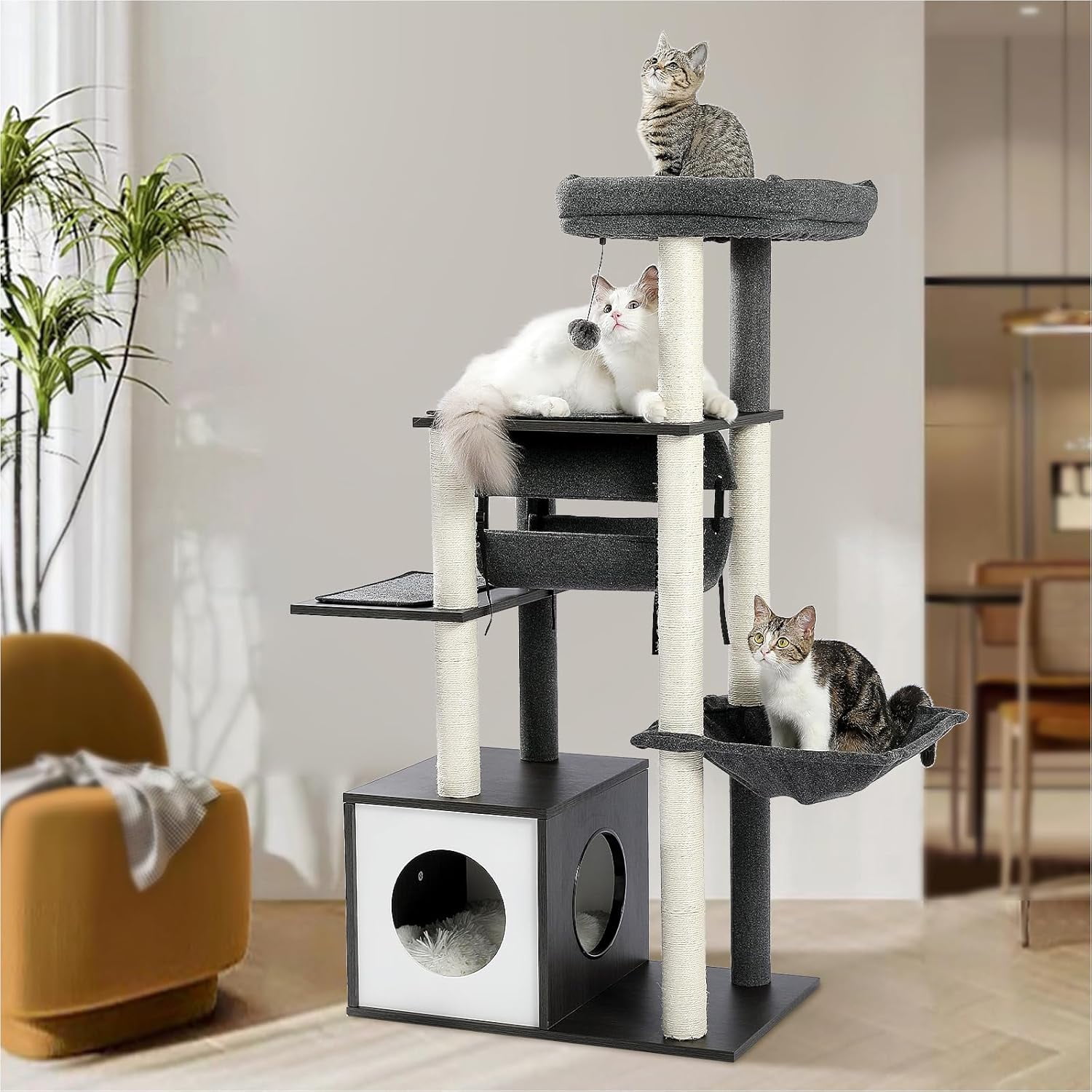PEQULTI 51.4 Inches Modern Cat Tree Premium 6 Levels Wooden Cat Tower ...
