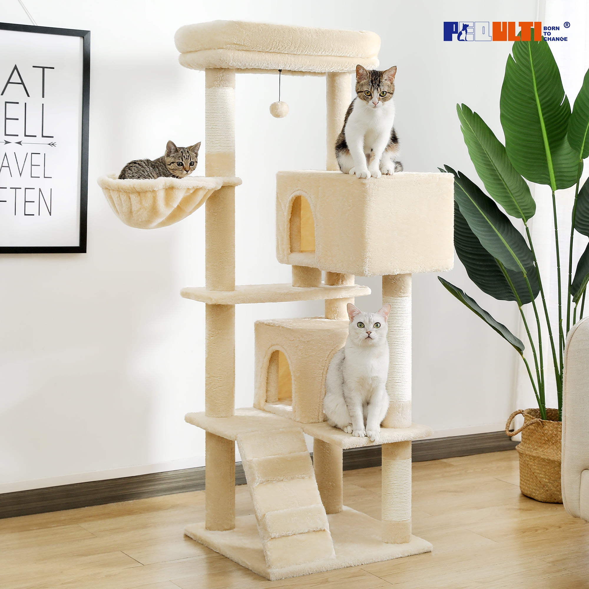 PEQULTI 56" Double Condo Large Cat Tree, Multi-level Cat Tower for ...