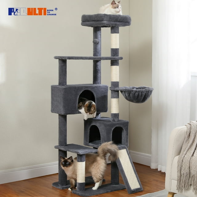 "PEQULTI 61"" Large Cat Tree Tower with Climbing Pole: Dark Gray, Dual ...