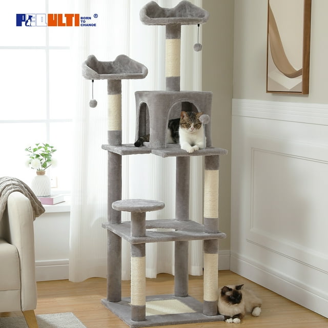 PEQULTI 63'' Large Cat Tree Tower with Climbing, Scratching Pad & Cozy ...