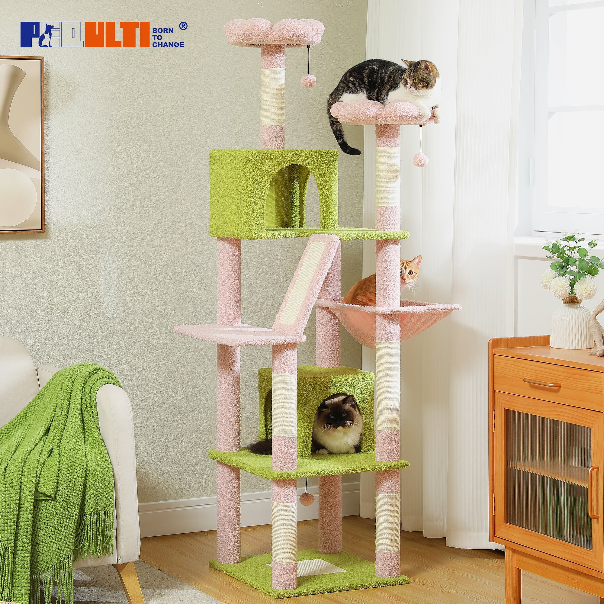 "PEQULTI 71"" Pink Cat Tree Tower with Climbing Scratching Posts for ...