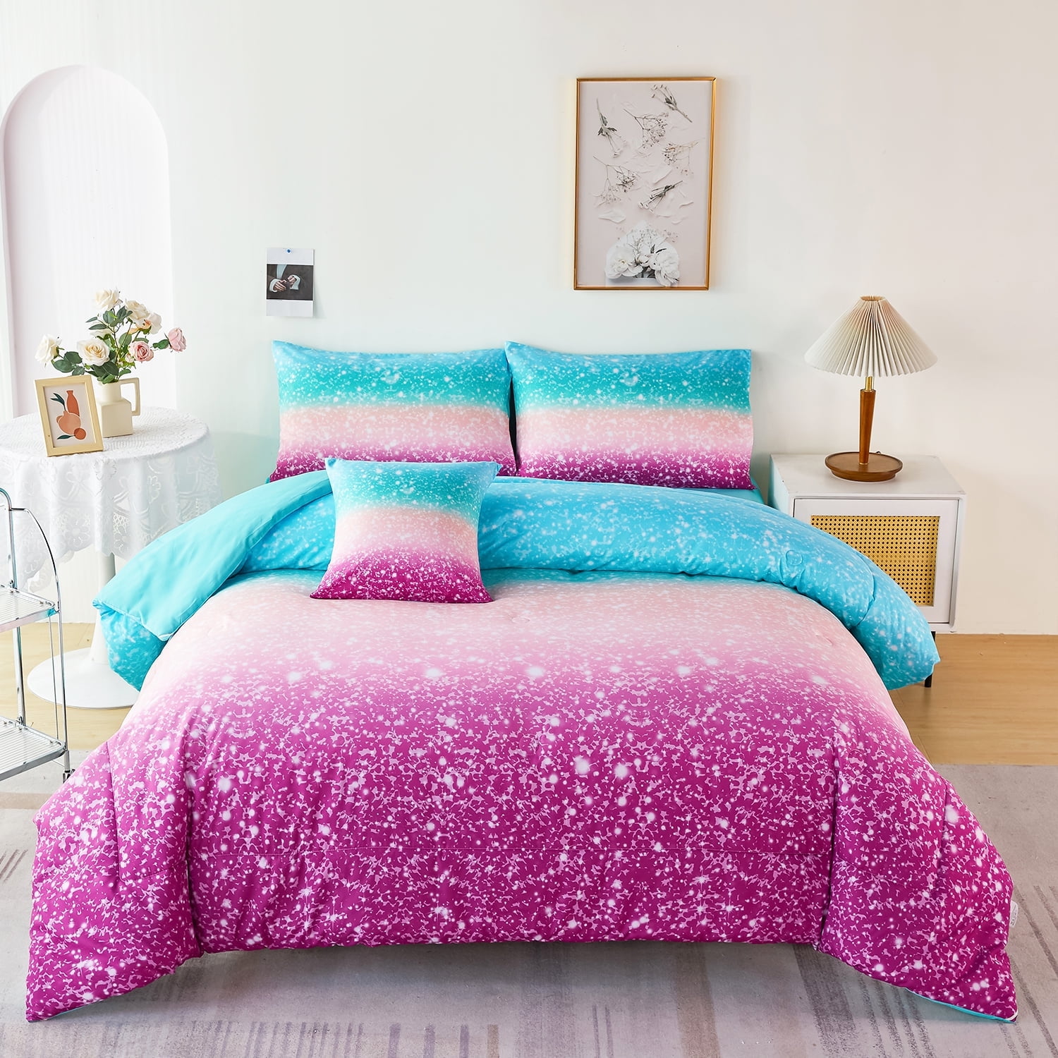 PERFEMET 6Pcs Bed in a Bag Girls Twin Comforter Set Rainbow Gradient ...
