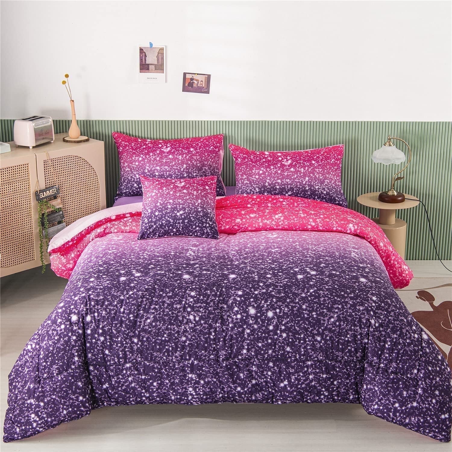 PERFEMET 6Pcs Full Gradient Pink Purple Glitter Comforter Sets for ...