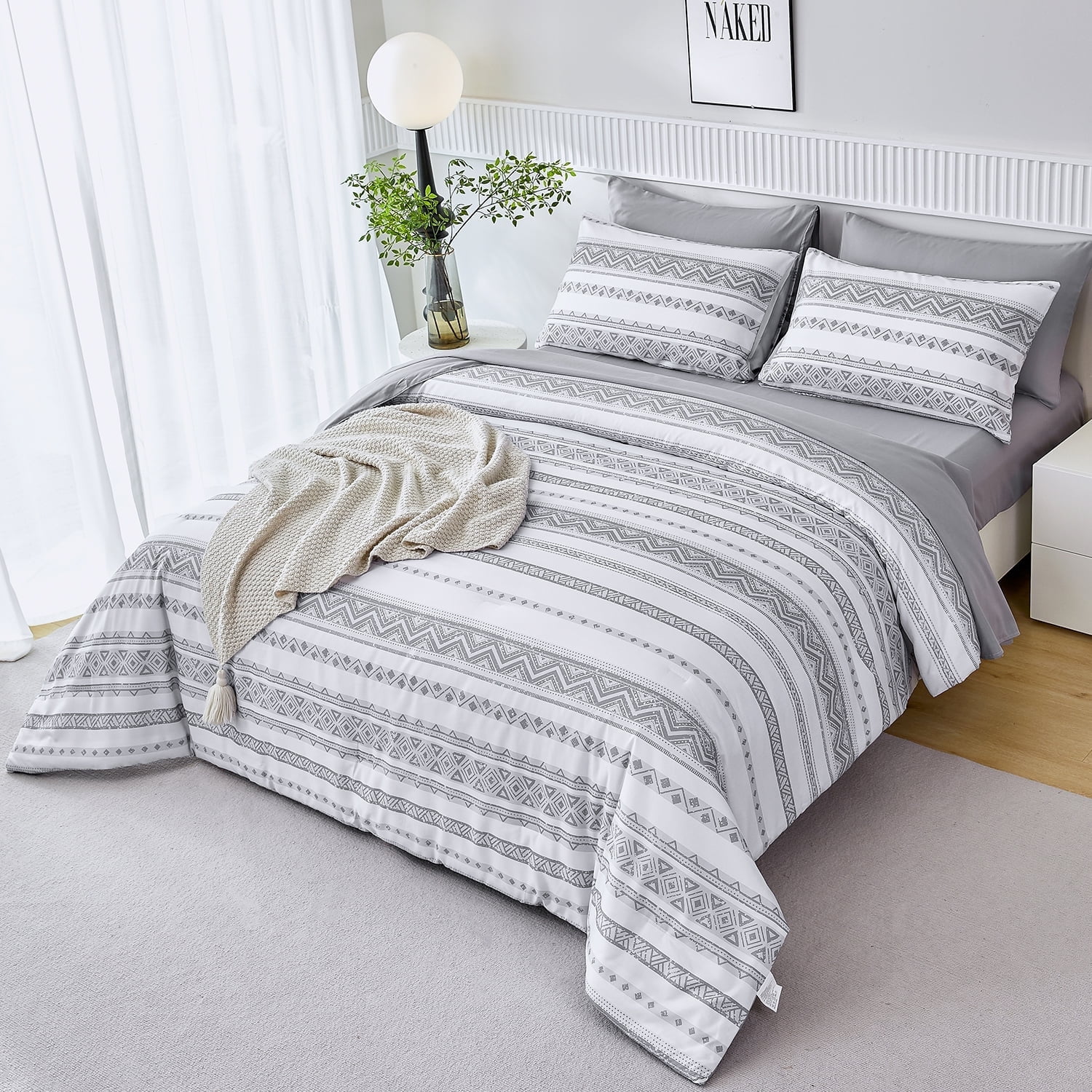 PERFEMET Bohemian 7-Pieces Grey Geometric Striped Comforter Bed-in-a ...