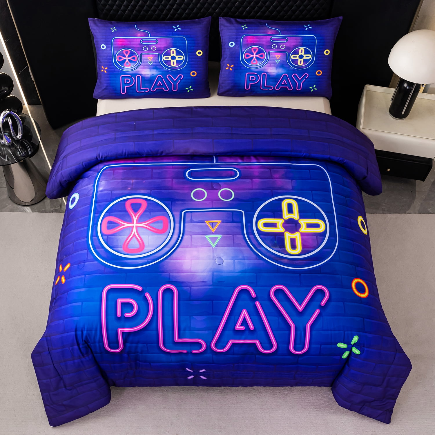 PERFEMET Boys Full Size Gaming Comforter Set Blue Video Game Bed ...