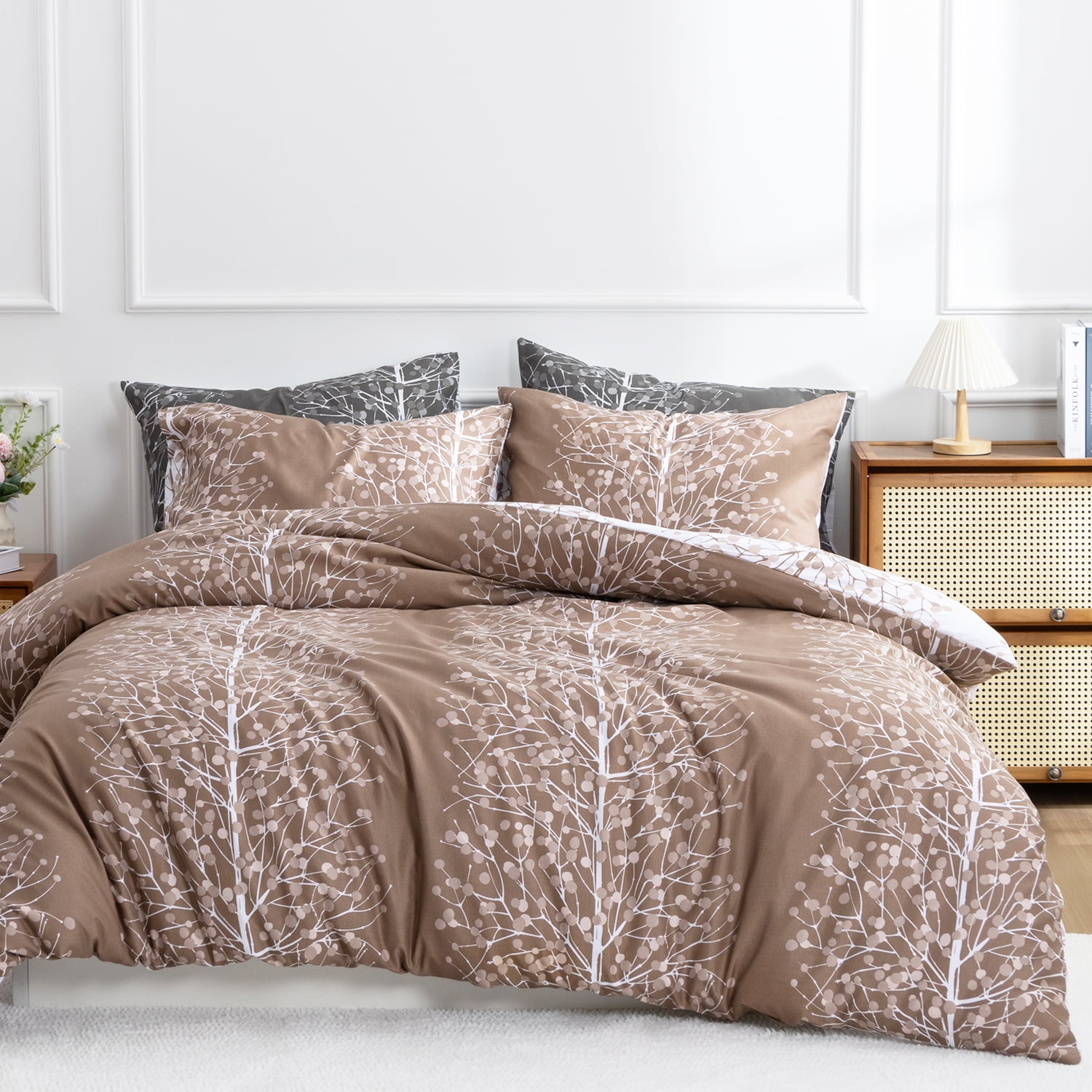 PERFEMET Brown Bedding Set Queen Floral Boho Coffee Comforter Set ...