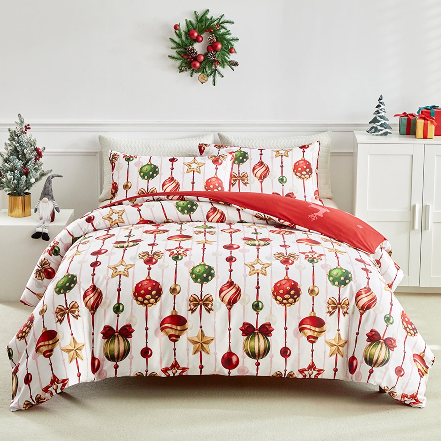 PERFEMET Christmas Theme Bell Queen Comforter Set for Women Red Bow ...