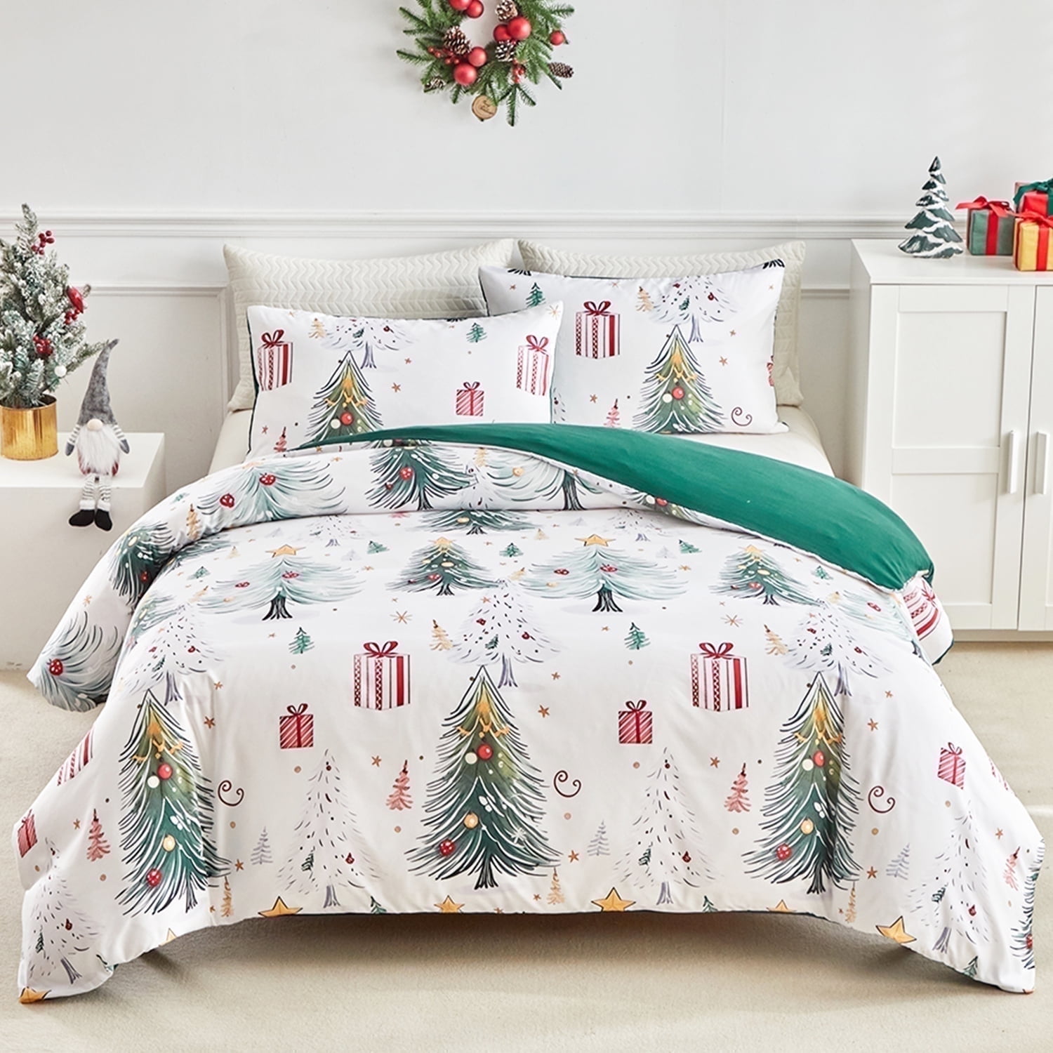 PERFEMET Green Christmas Tree Full Size Comforter Set 3Pcs White Winter ...