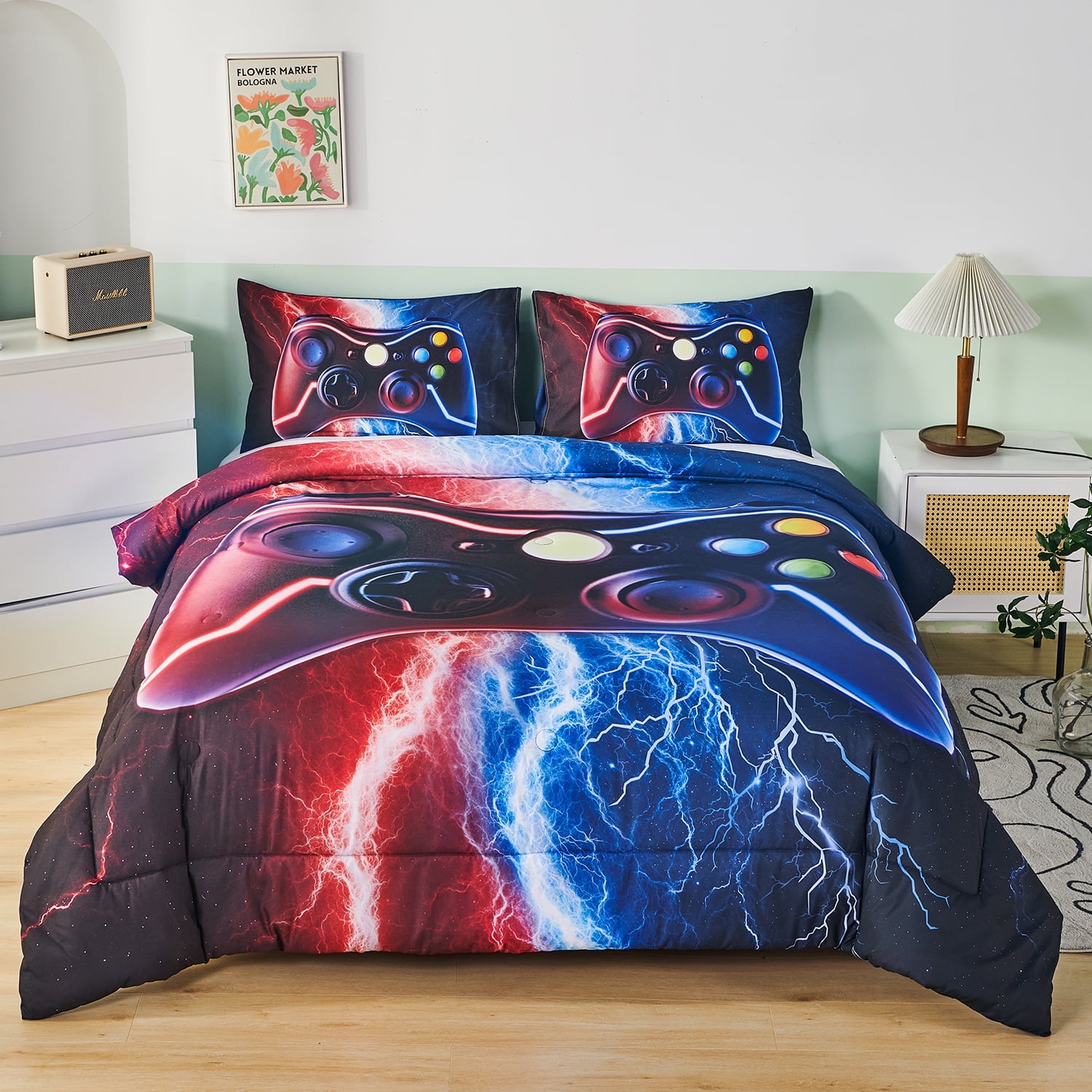 PERFEMET Gamer Room Comforter Set in 3D Game Theme, Twin Size, Blue Red ...
