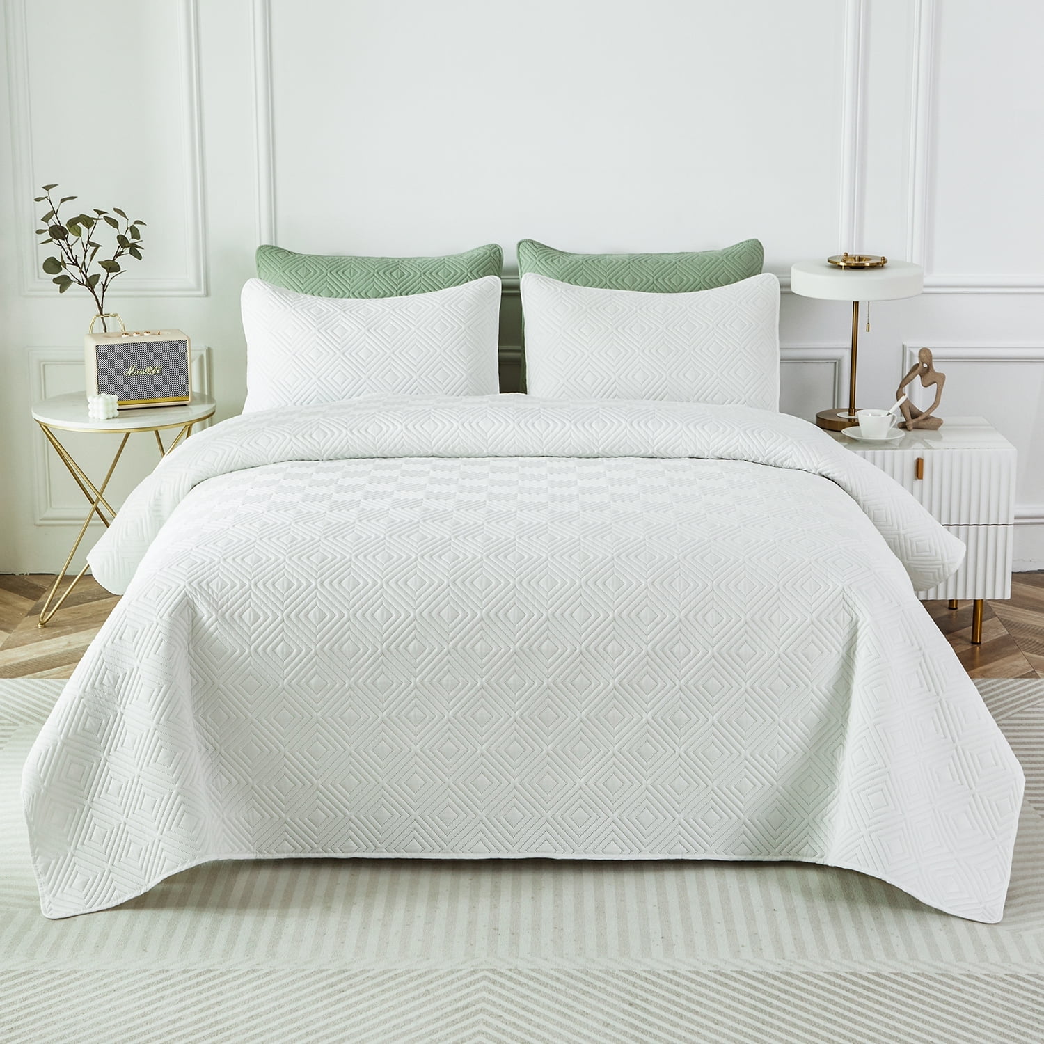 PERFEMET Geometric Oversized Cal King Quilt Coverlet Set Boho White Ultrasonic Embossed Quilt ...